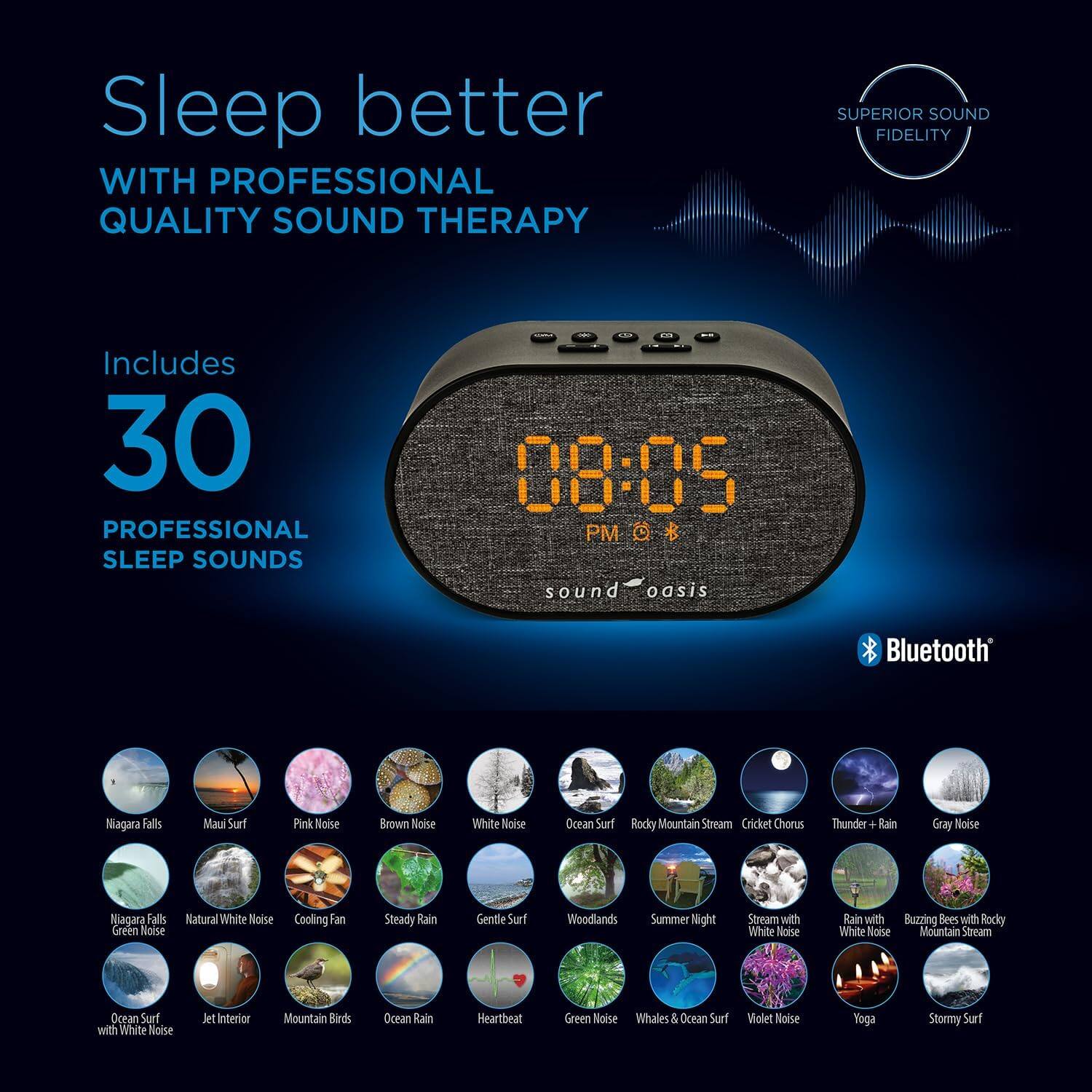 Sound Oasis Bluetooth Sleep Sound Machine & Alarm Clock – 30 Soothing ...