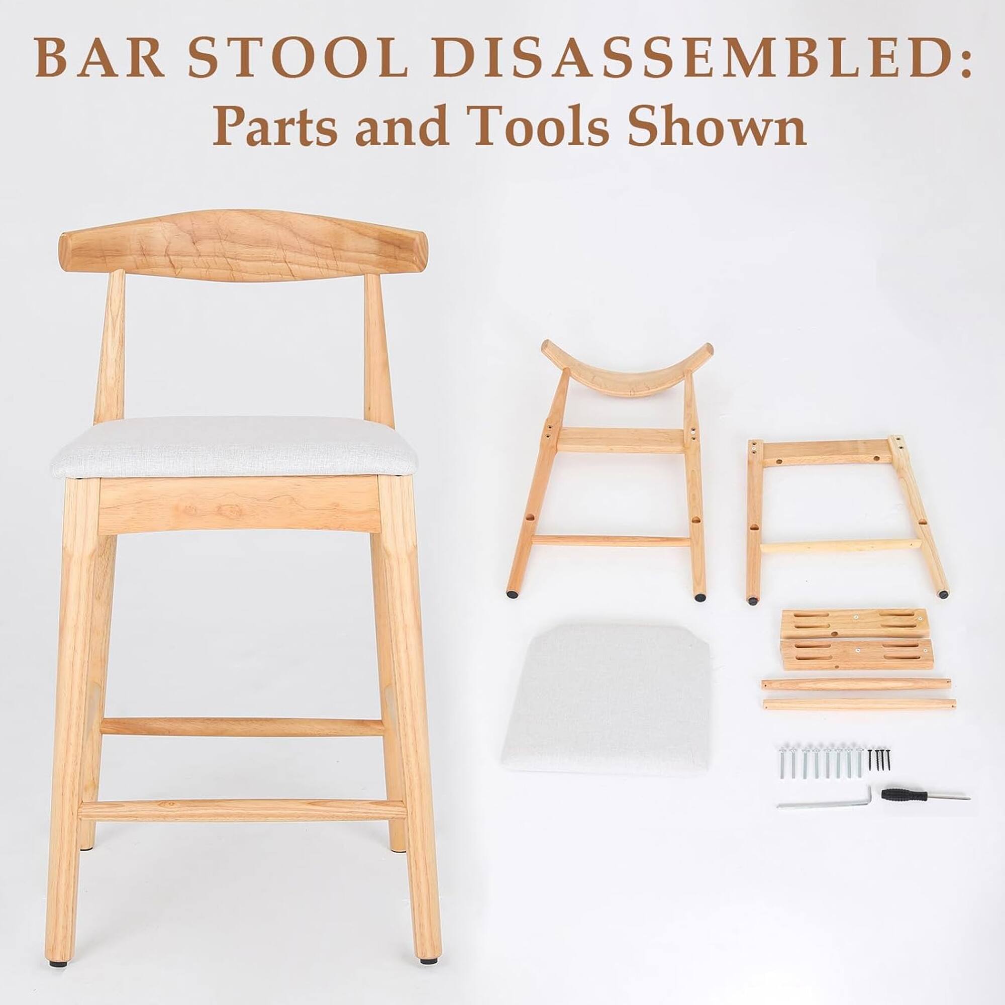 HTUTWOO Mid Century Bar Stools Set of 2, Solid Wood Counter Height ...