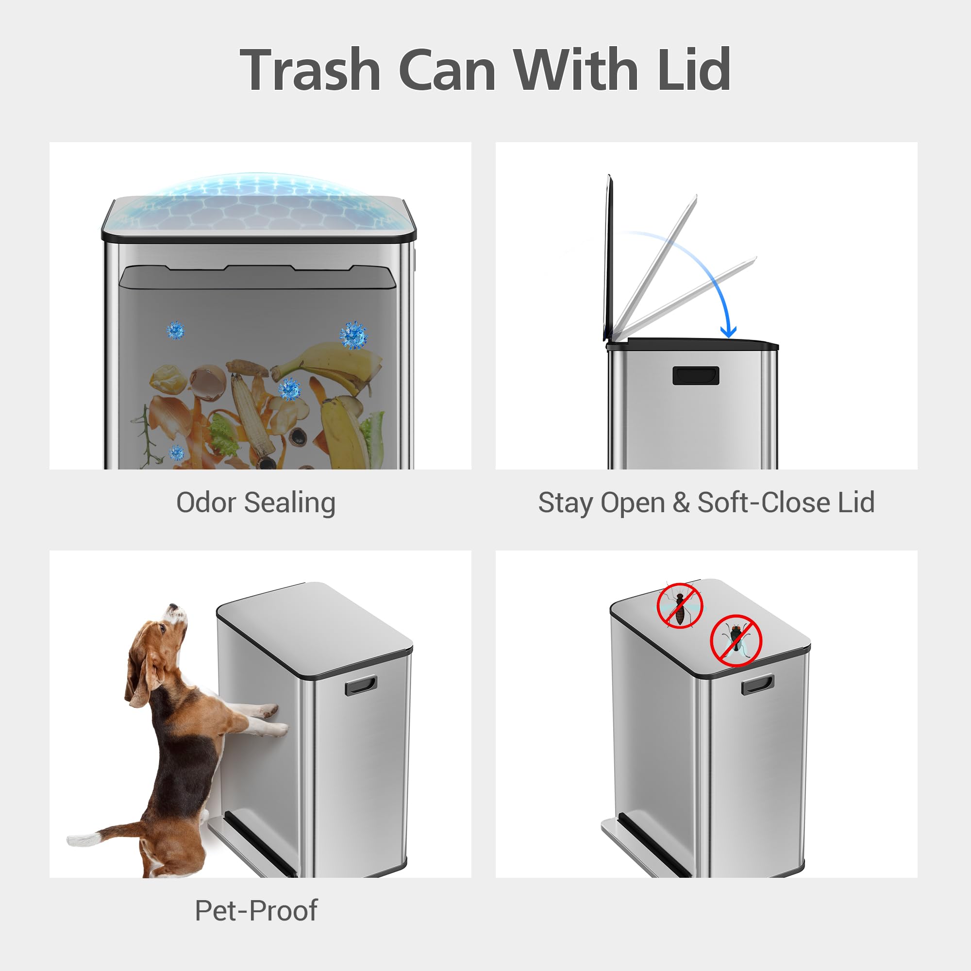 Babevy Dual Compartment Kitchen Trash Can,60L/16 Gal 2 in 1 Step Bin ...