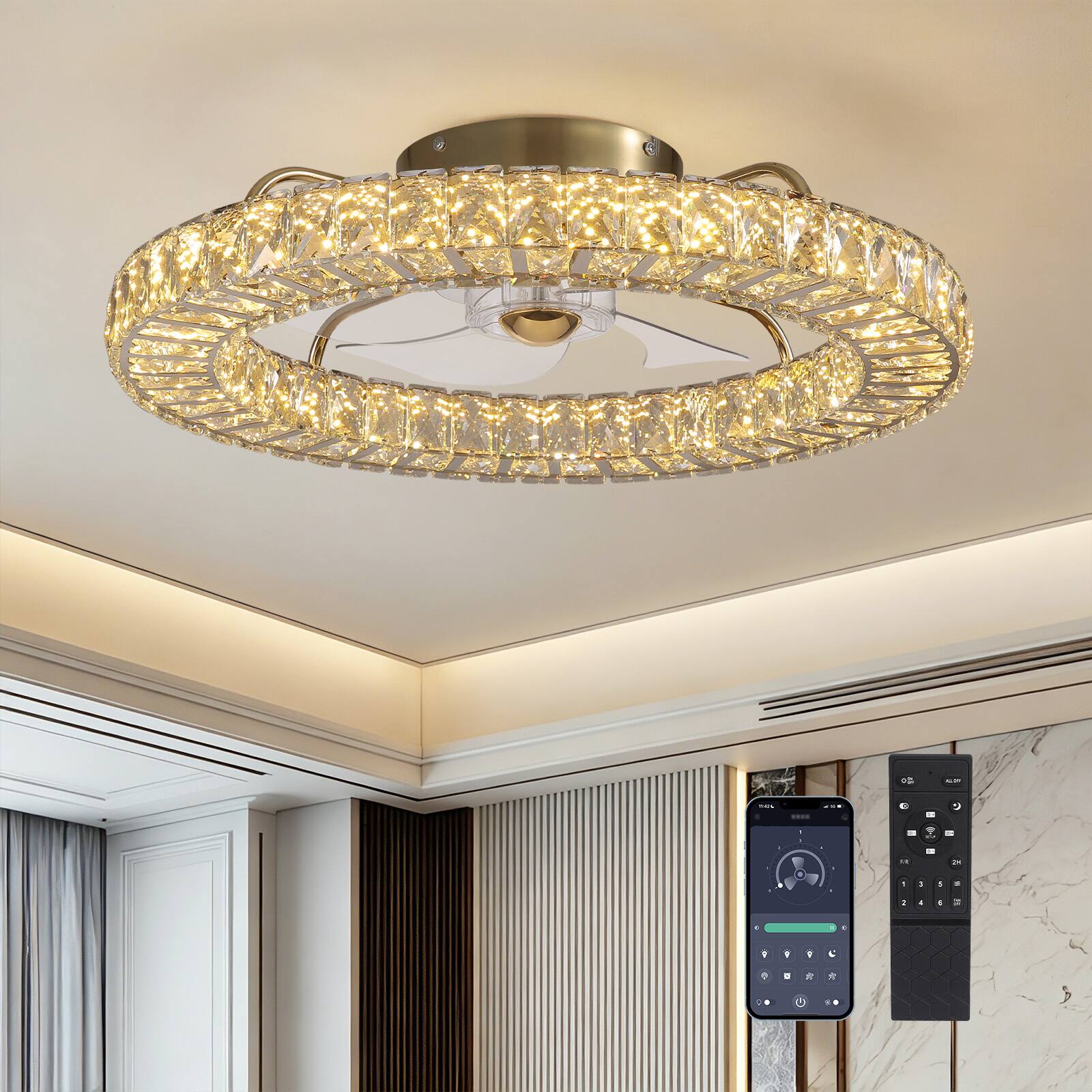 Siljoy 20 22 inch Luxury Crystal Flush Mount Fan Light Dimmable Quiet ...
