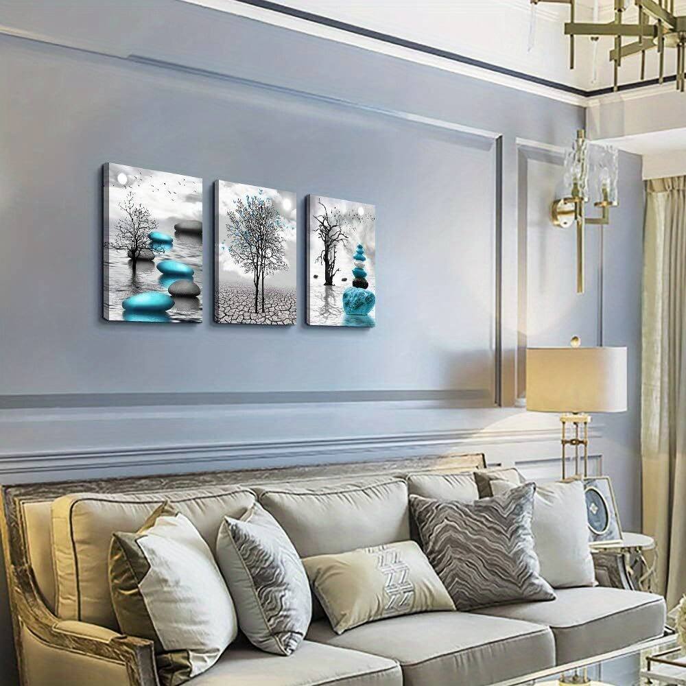 blue [3pcs Modern Abstract Canvas Art] 3pcs Canvas Wall Art for Living ...