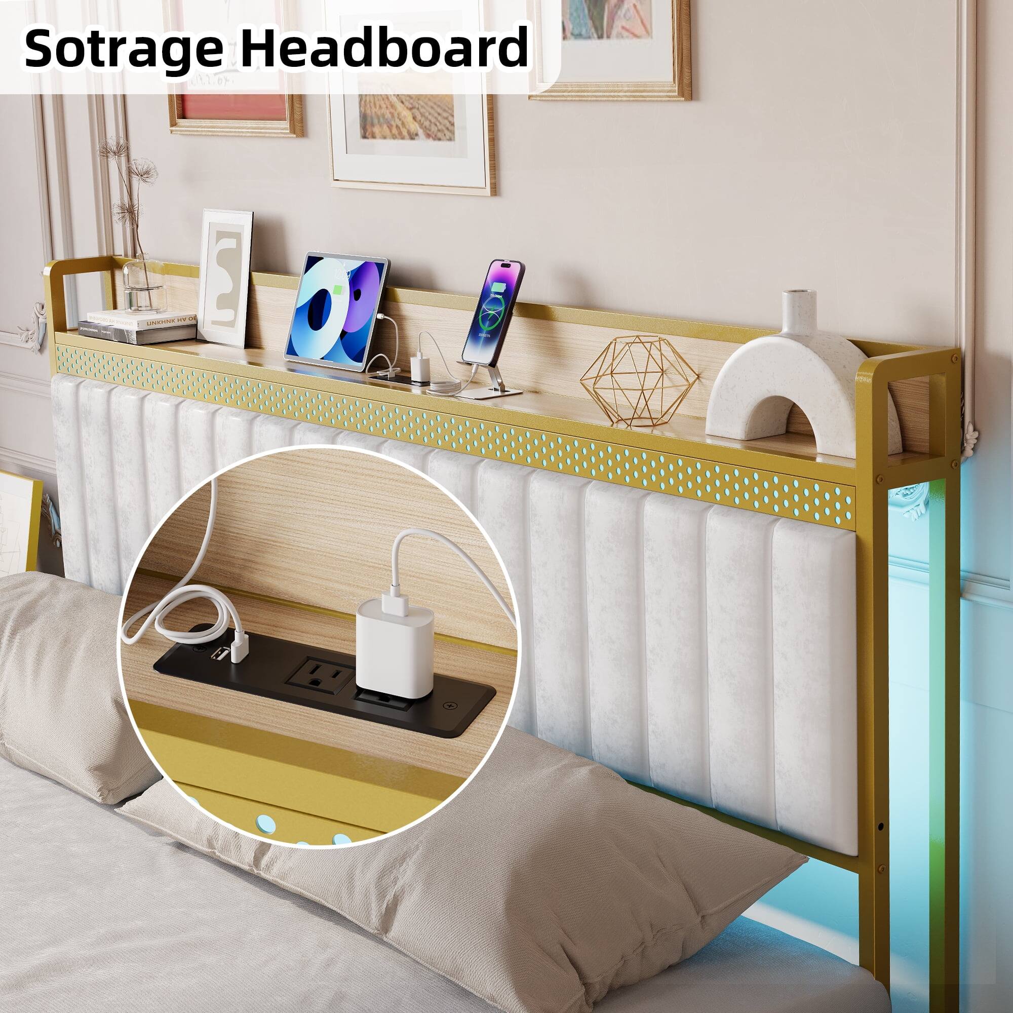 GARVEE King Bed Frame White Storage Headboard LED Platform Charging ...