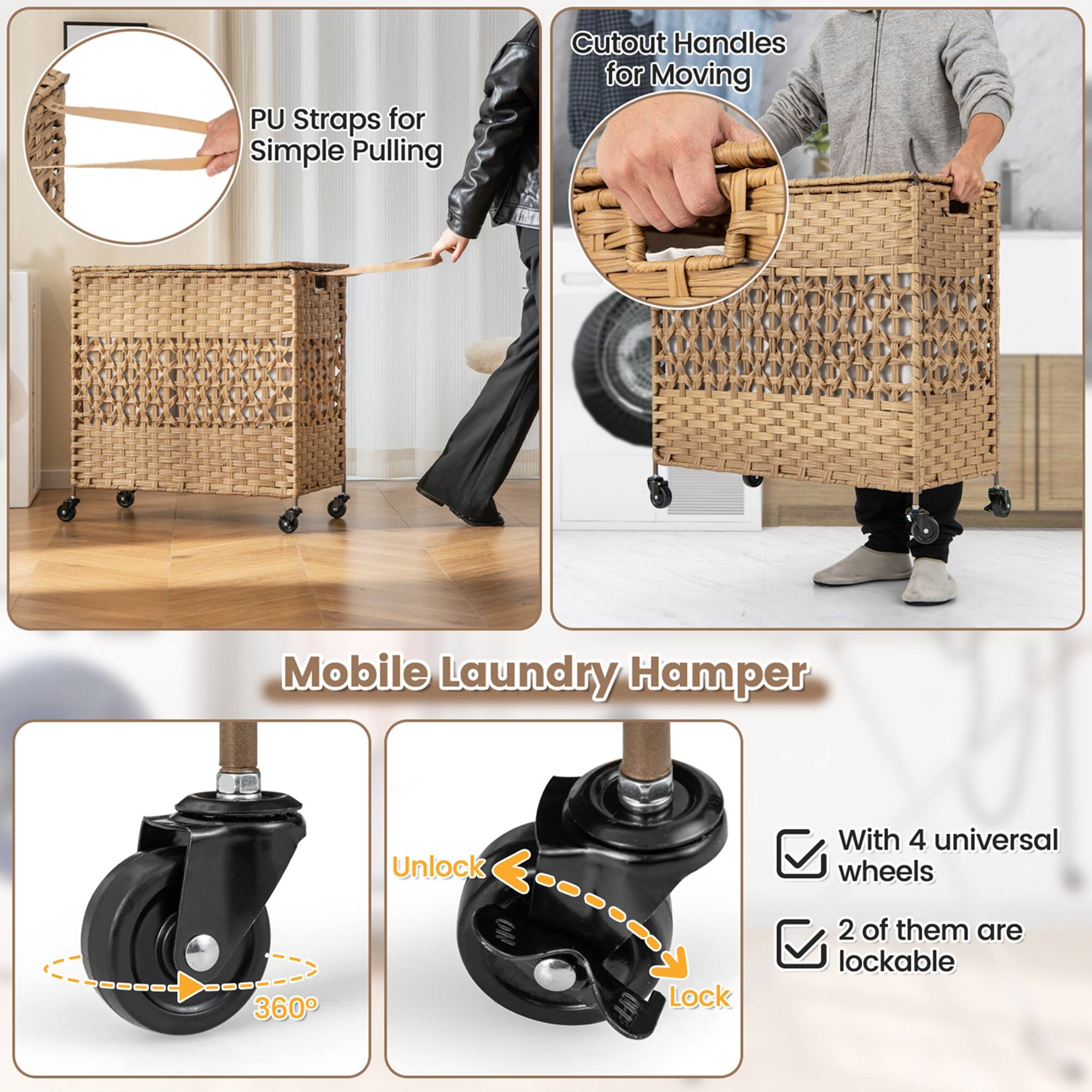Costway 110L Laundry Hamper with Wheels Clothes Basket Lid & Handle & 2 ...