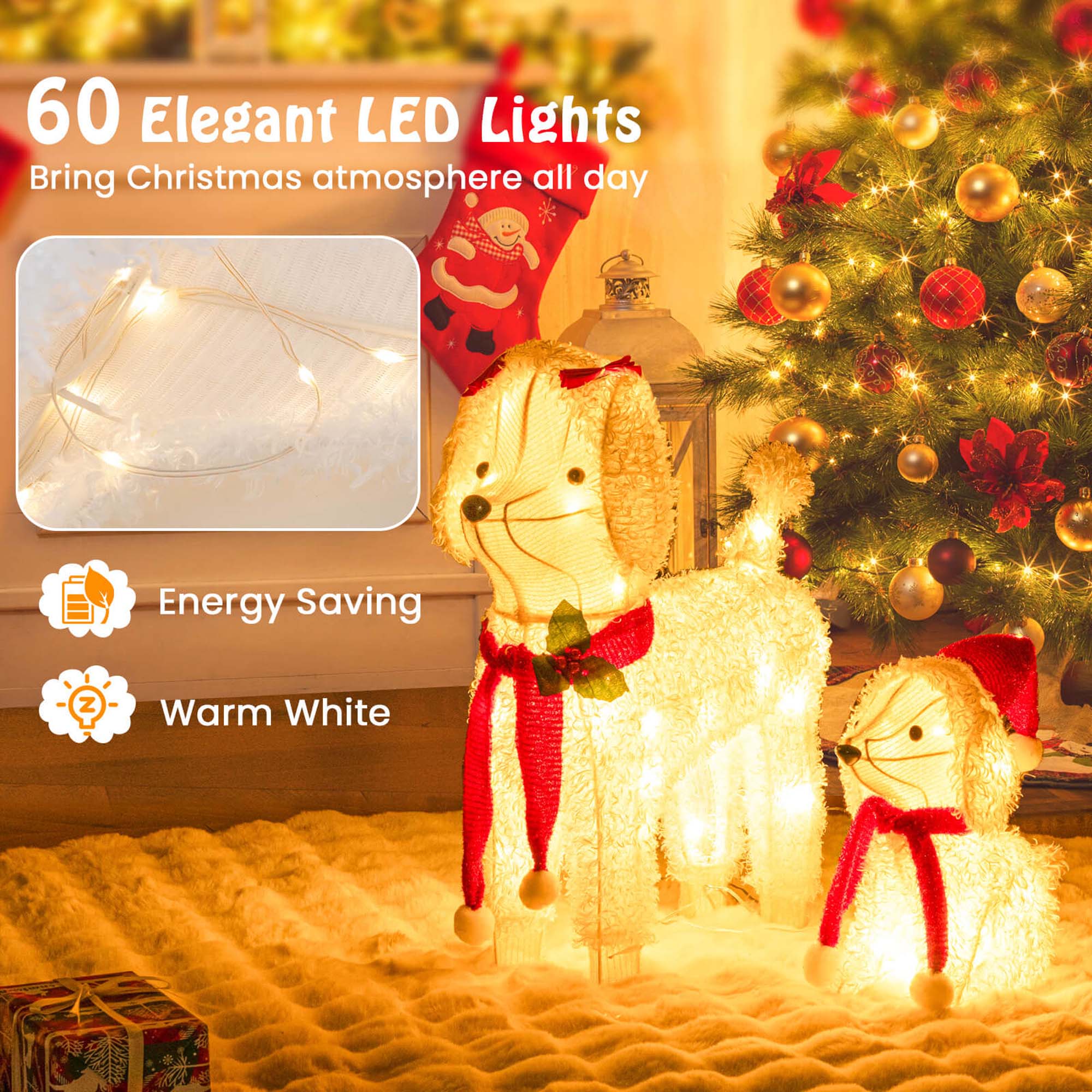 Costway Pre lit Mama & Baby Poodle Dogs 60 Warm LED Lights Red Hat ...