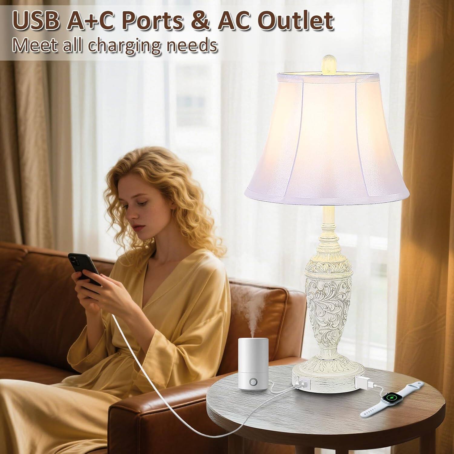 Cozy Serene White lamp light Vintage USB touch Resin Pack Table Lamps ...