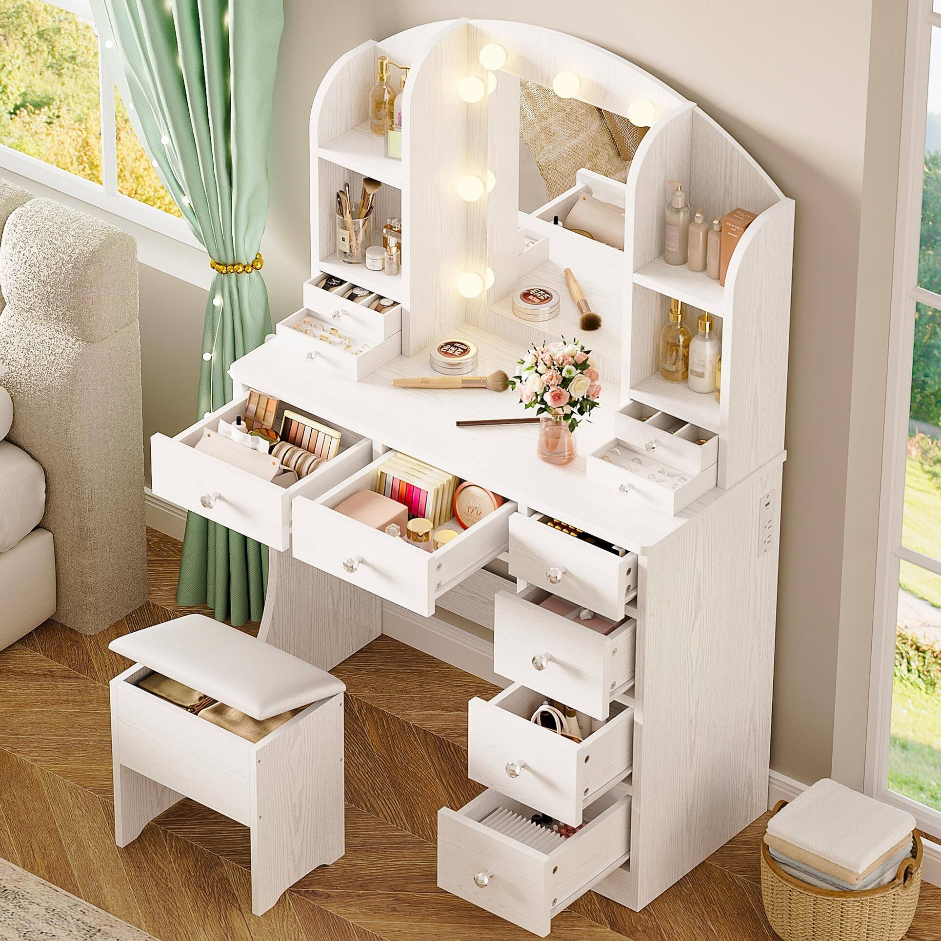 Earthley Blooms Vanity Desk With Mirror And Lights Makeup Table Drawers ...