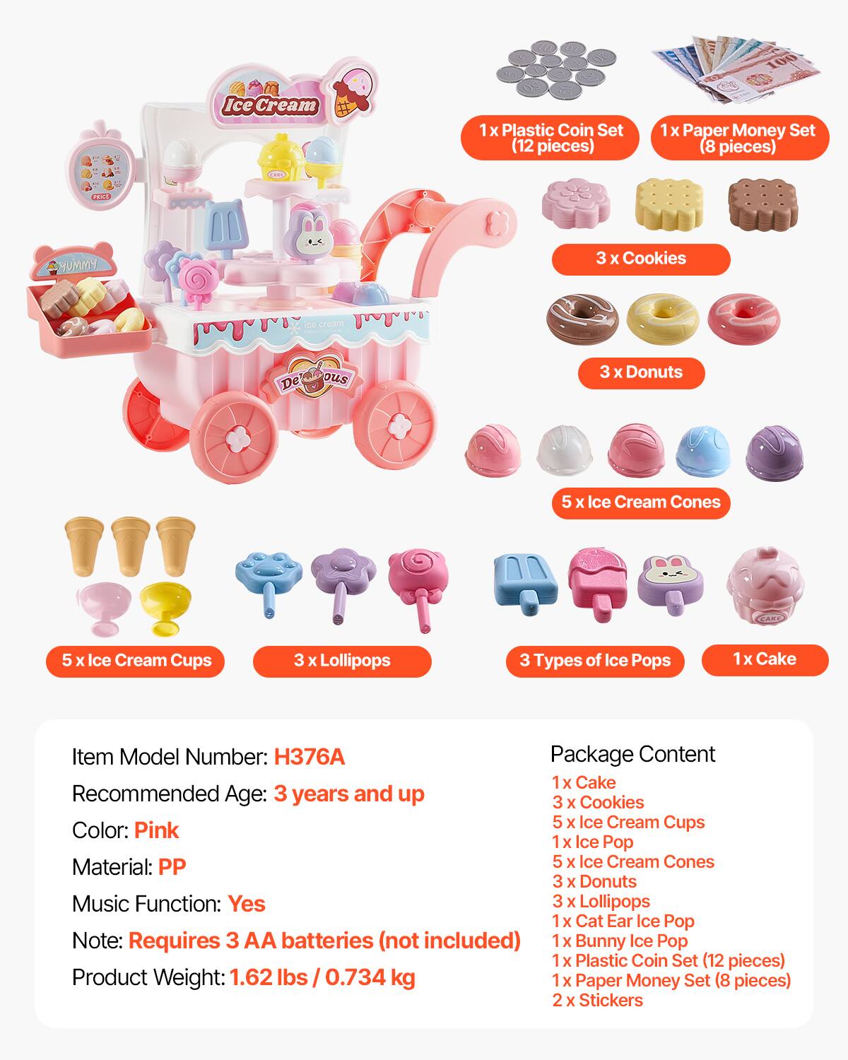 VEVOR Ice Cream Cart for Kids, 27 PCS Accessories, Pretend Play Store ...