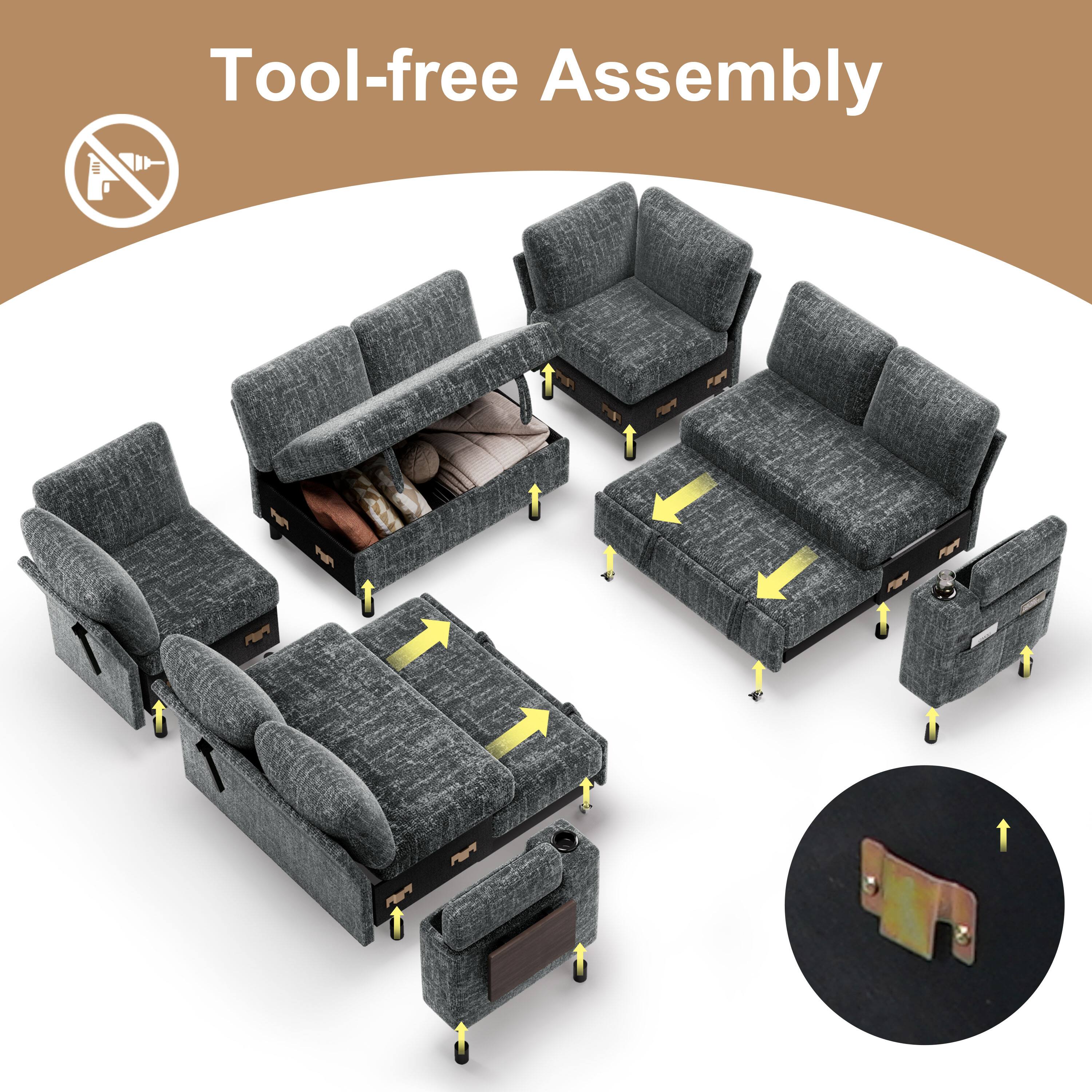 Dyonery 8 Seat Modular Sleeper Sofa Bed, Storage Chaise,Side Table, USB ...