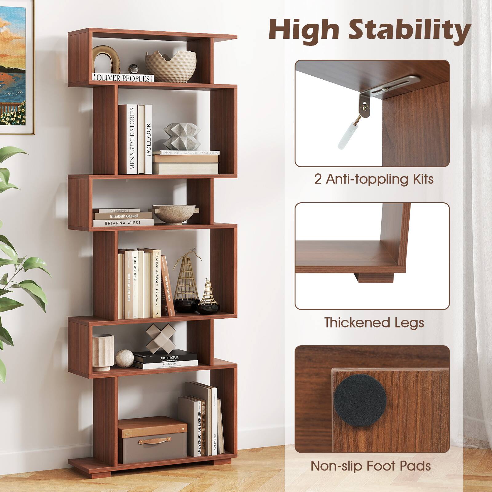Costway 6 tier Storage Bookshelf S shaped Geometric Bookcase with Anti ...