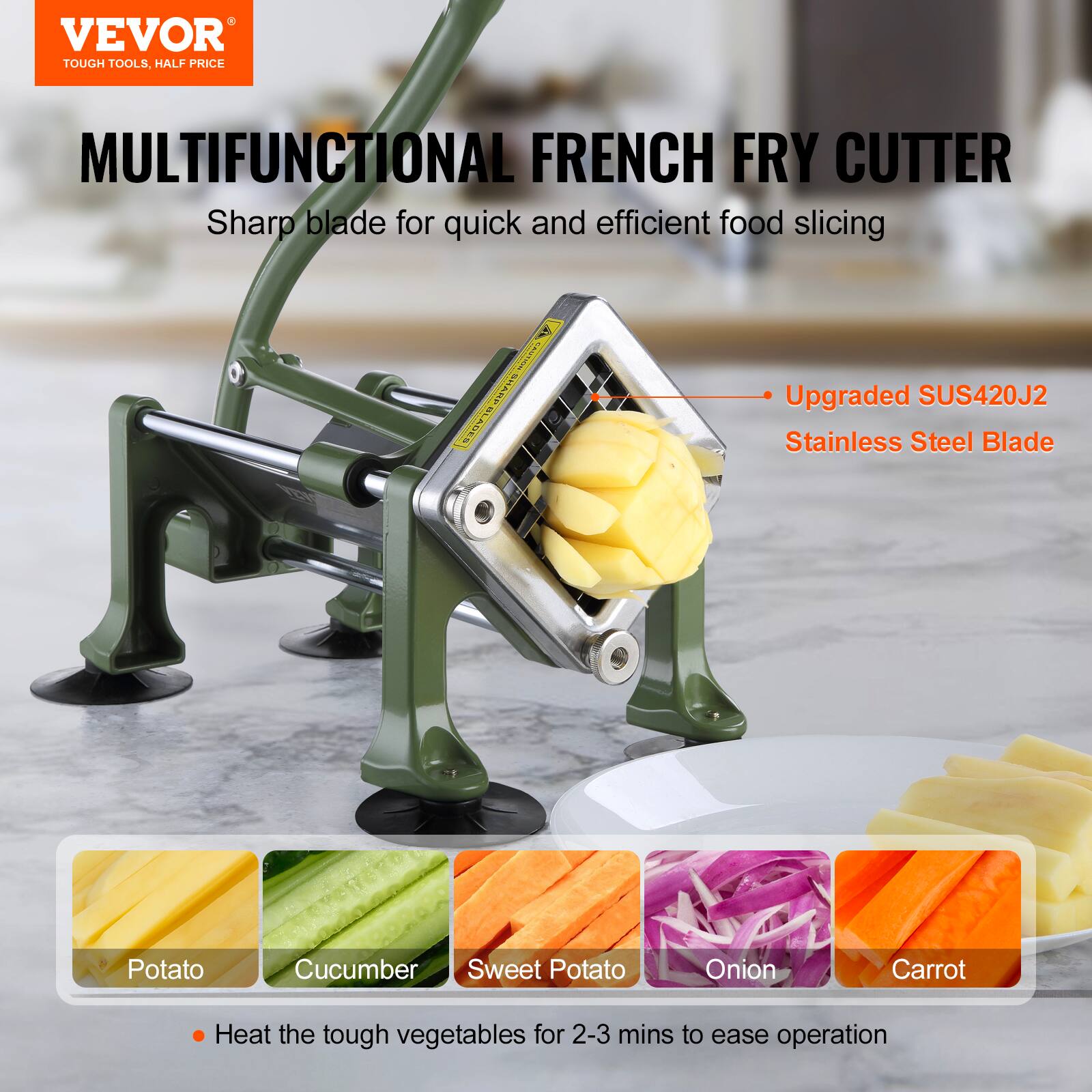 VEVOR French Fry Cutter, Potato Slicer with 1/2 Inch Stainless Steel ...
