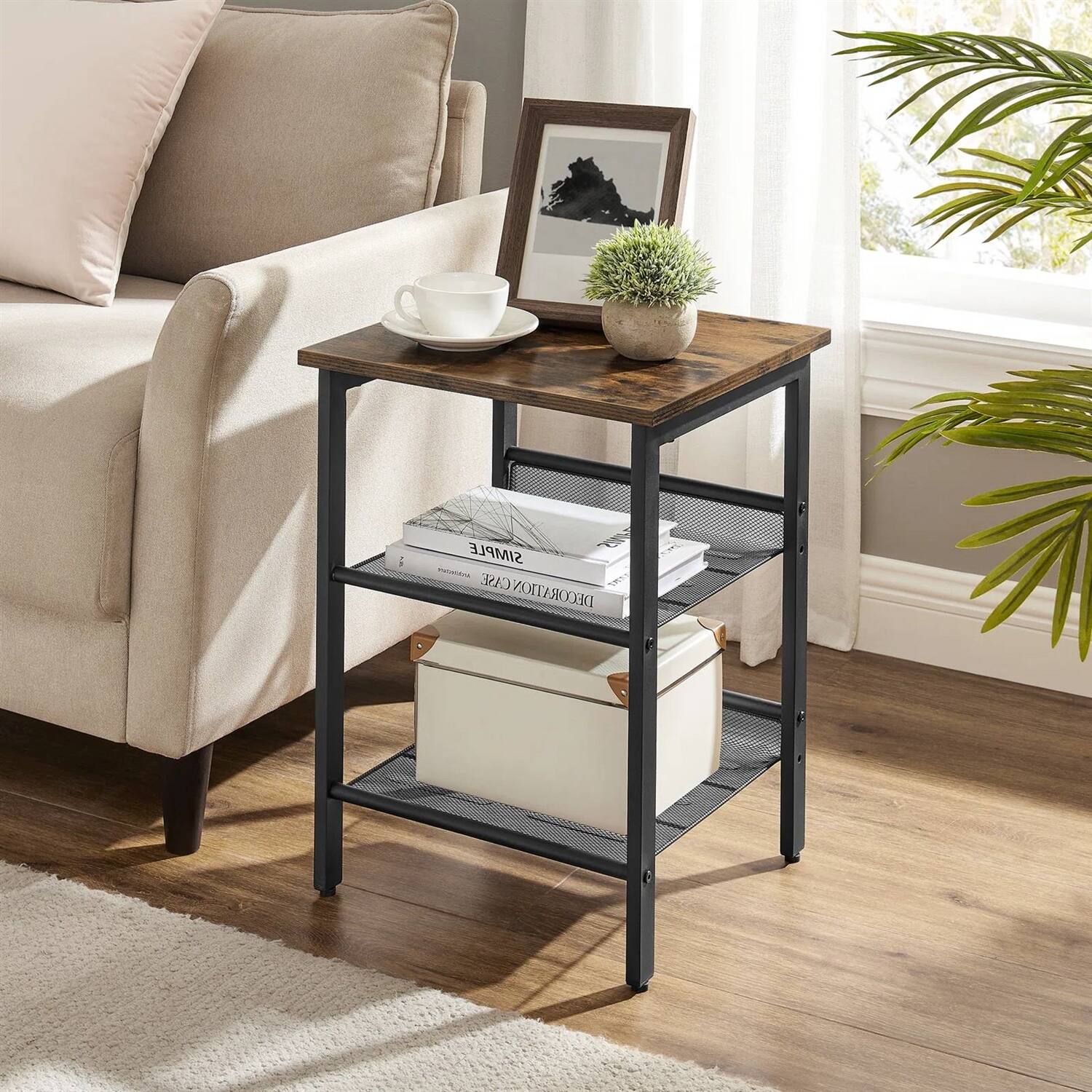 Hivvago Modern Industrial End Table Nightstand With Metal And Wood Top ...