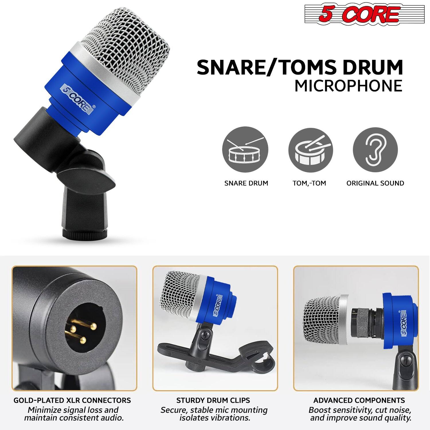 5 CORE Drum Mic Kit 7 Pcs Kick Bass Tom Snare Dynamic Microphone ...