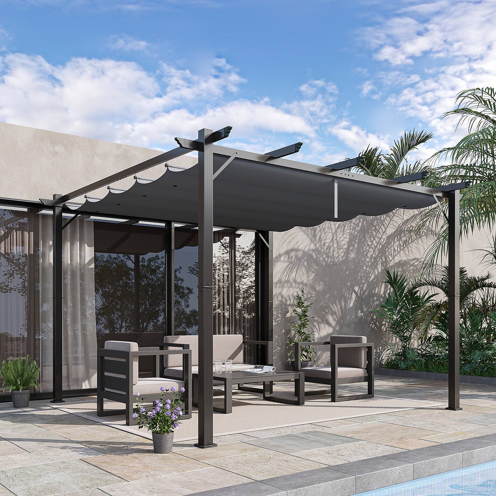 Outsunny 10' x 10' Aluminum Patio Pergola with Retractable Pergola ...