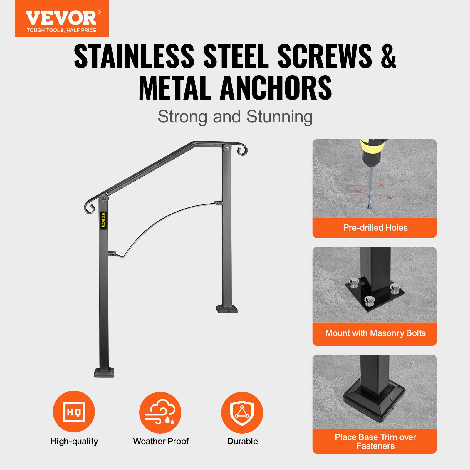 VEVOR Handrails for Outdoor Steps, Fit 2 or 3 Steps Outdoor Stair ...