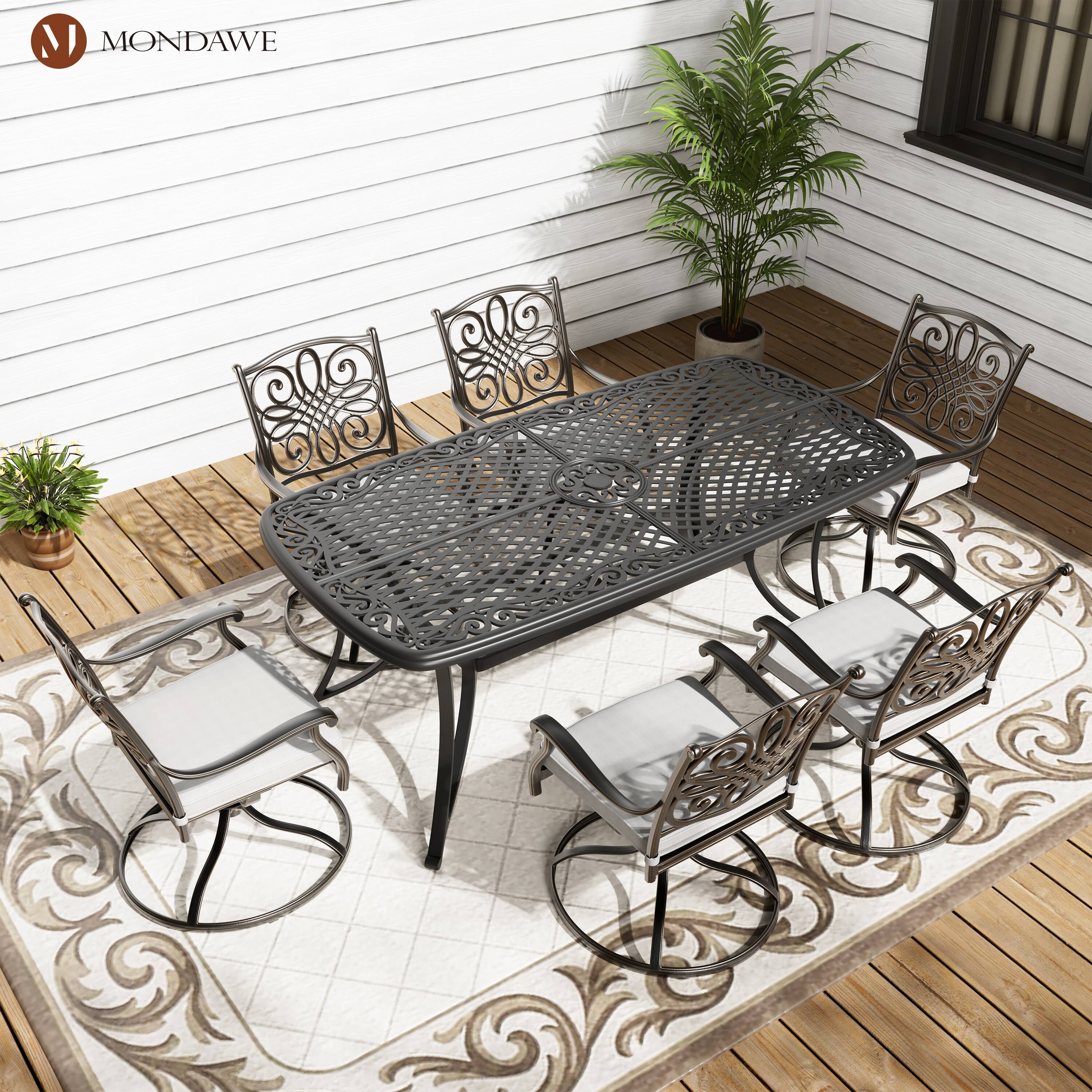 Mondawe 7 Piece Cast Aluminum Dining Set with Round Tile Top Table and ...