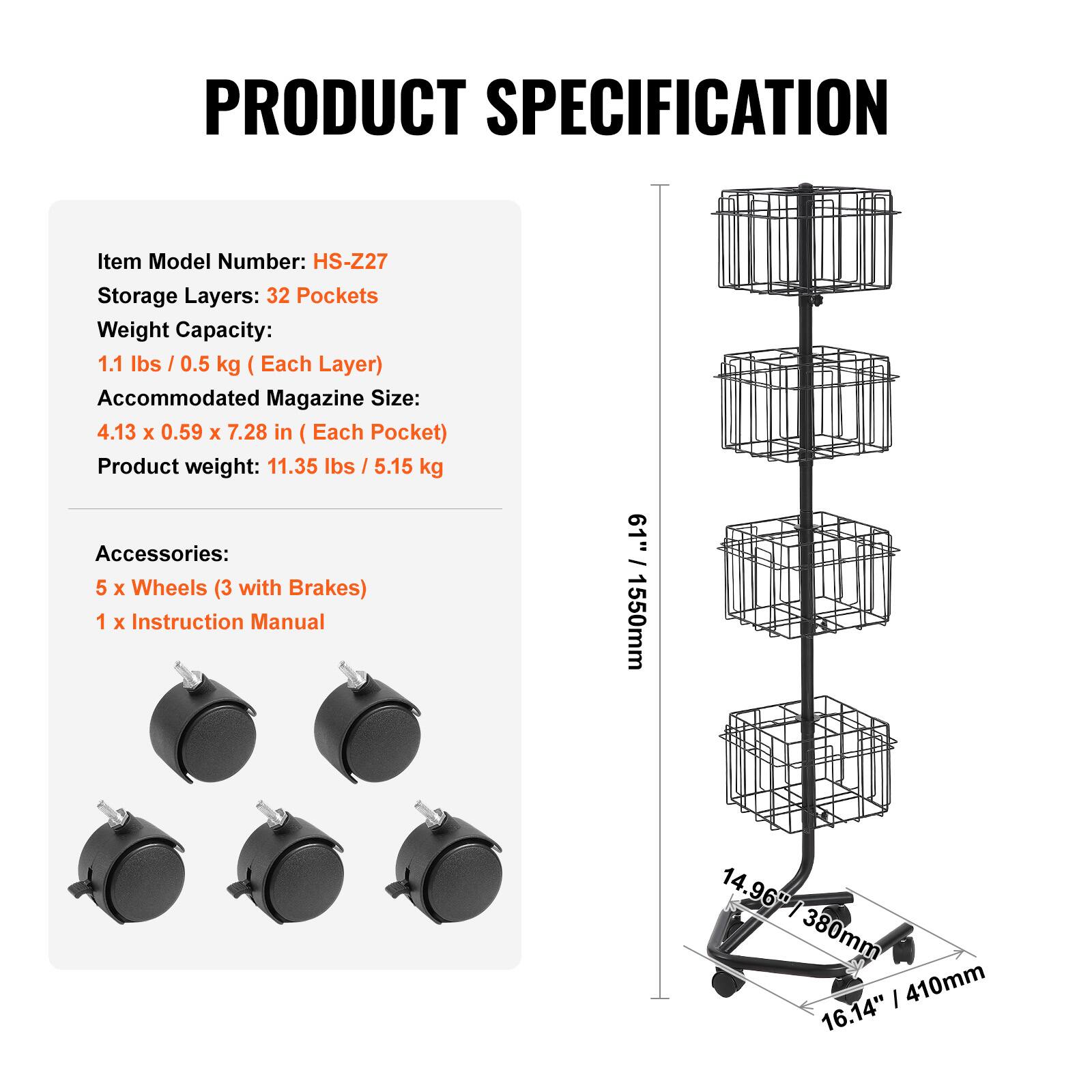 VEVOR Brochure Display Rack, 4 Tier 32 Pockets Rotating Magazine ...