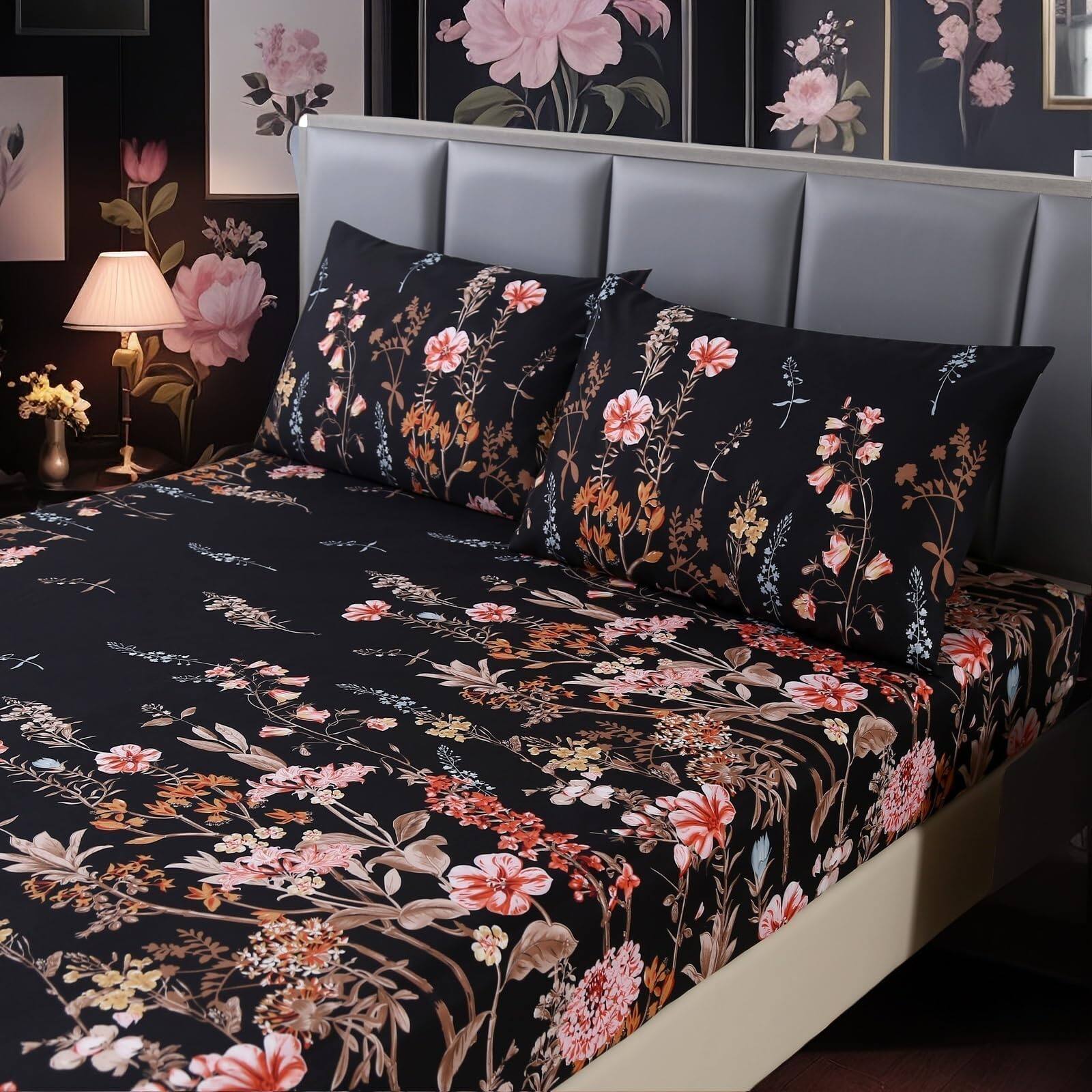 Dapper Styles Floral Queen Bed Sheet Microfiber Flower Bedding Set Boho ...