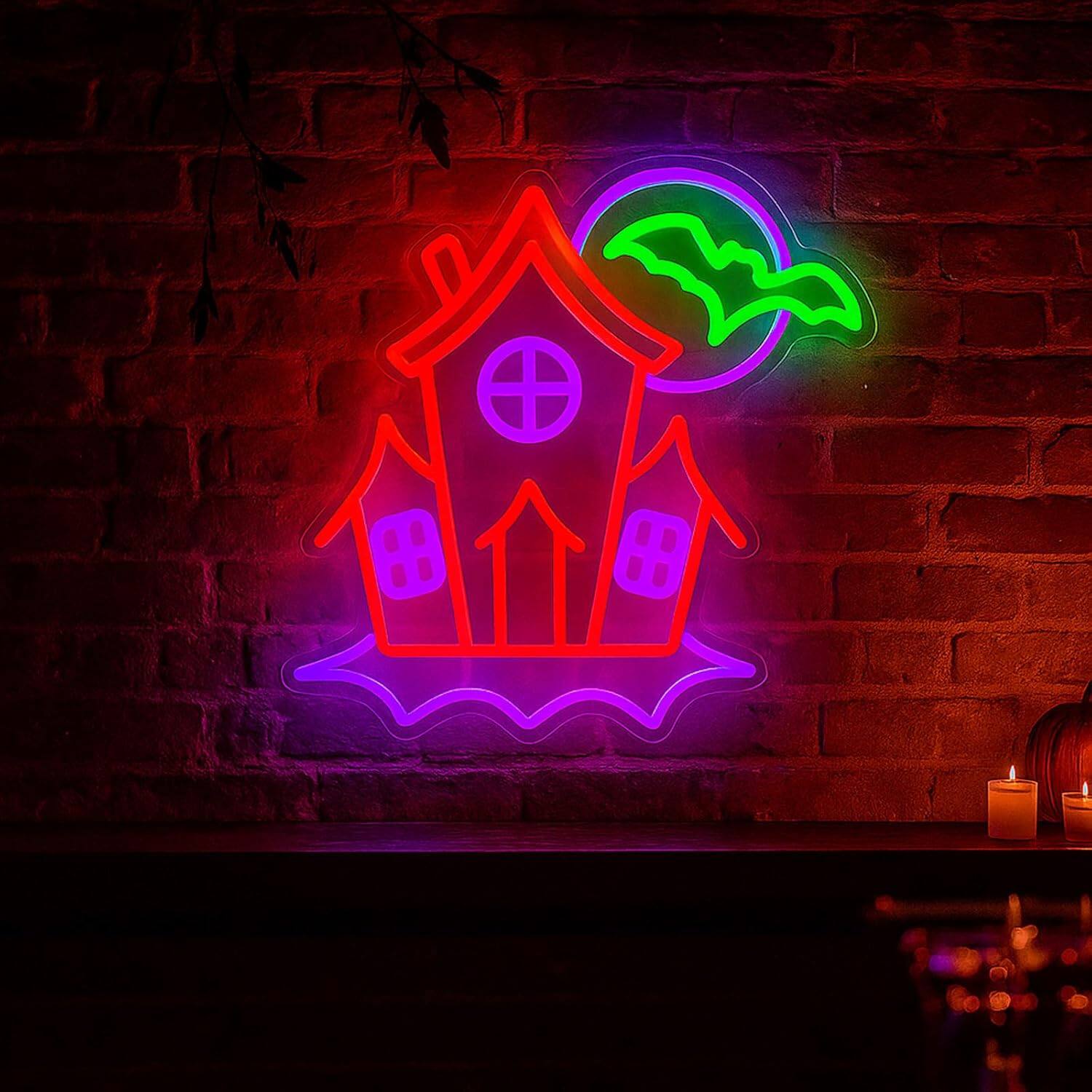 Auledio Halloween Neon Sign – Haunted House with Bats LED Neon Light ...