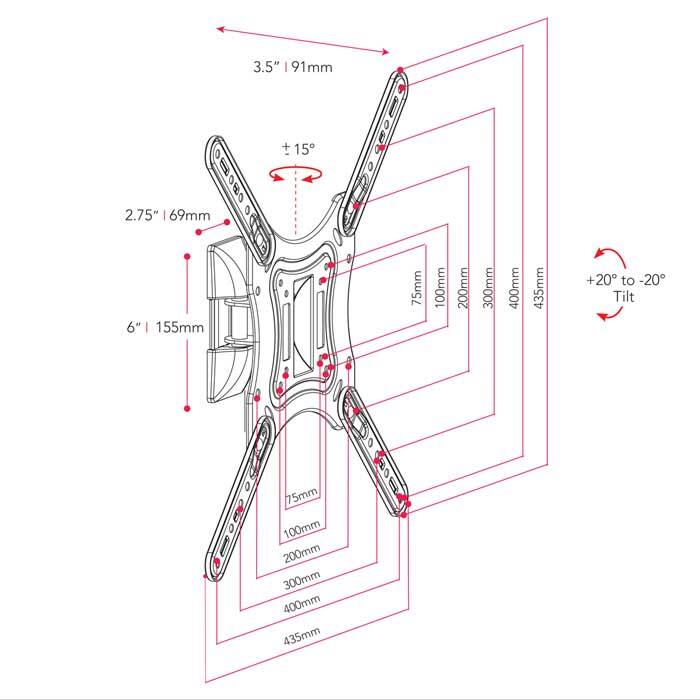 CorLiving Full Motion and Wall Hugging X frame Wall Mount for 23" 55 ...