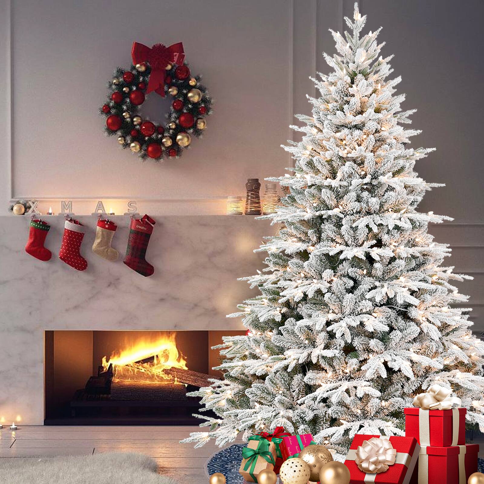 Tiramisubest 4ft Pre Lit Flocked Artificial Christmas Tree,150 Warm White Lights,856 Snowy PE ...
