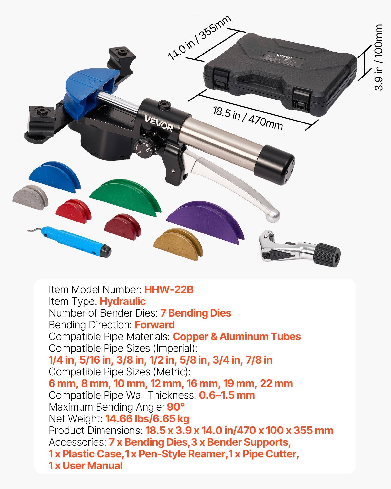 VEVOR Hydraulic Tubing Bender Kit, 1/4 to 7/8 Inch, Copper Tube Pipe ...