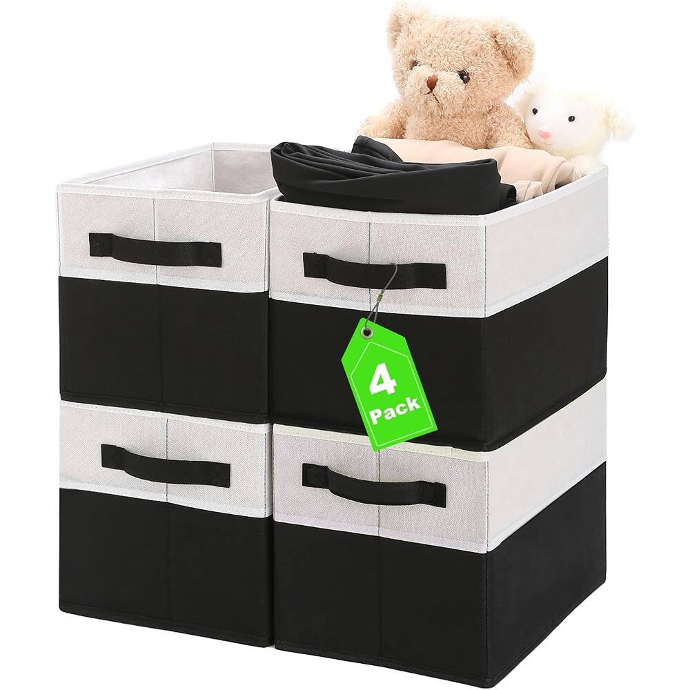 RTMB Large Fabric Storage Bins 4 Pack – Black, Collapsible, w/ Handles ...