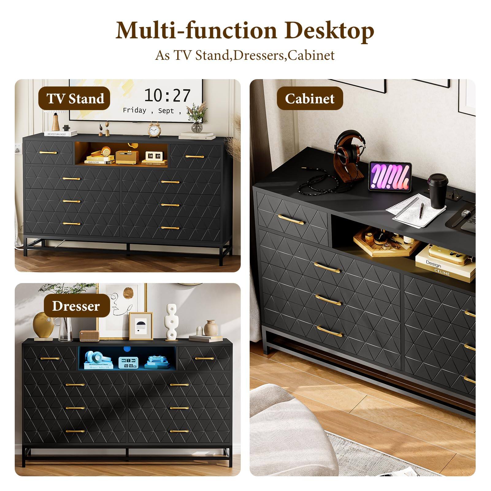 Jojoka 8 Drawer Dresser with LED Light and Power Outlet, Modern Storage ...