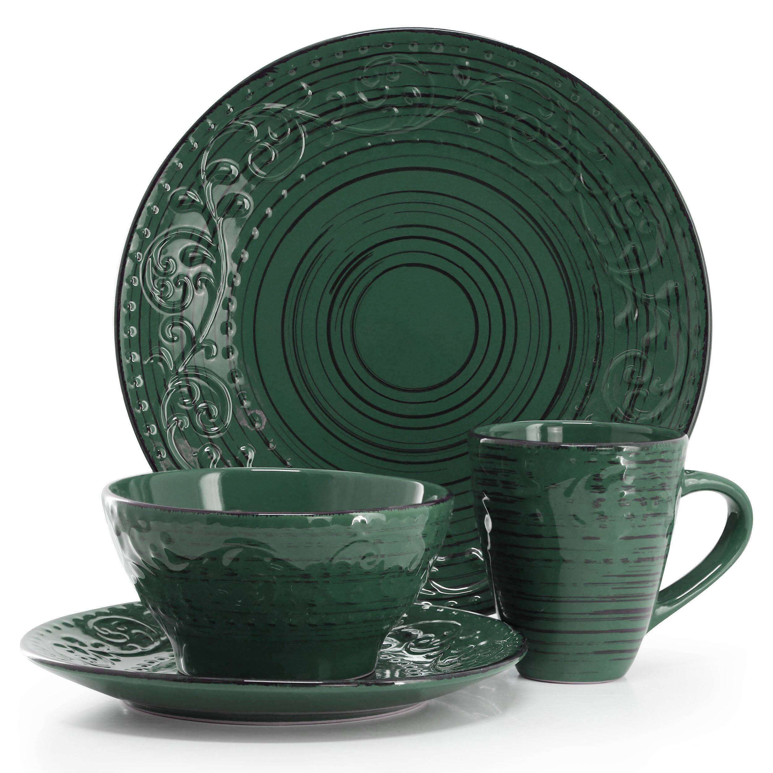 Elama Malibu Sea Glass 16 Piece Dinnerware Set Dark Green 310121715M ...