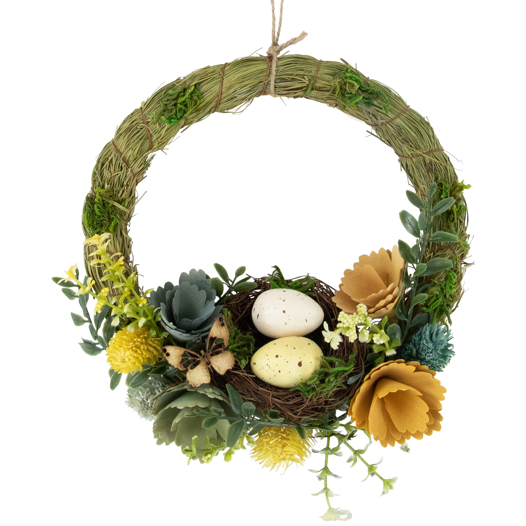 Northlight - 12" Easter Egg and Bird Nest Wreath with Wooden Flowers ...