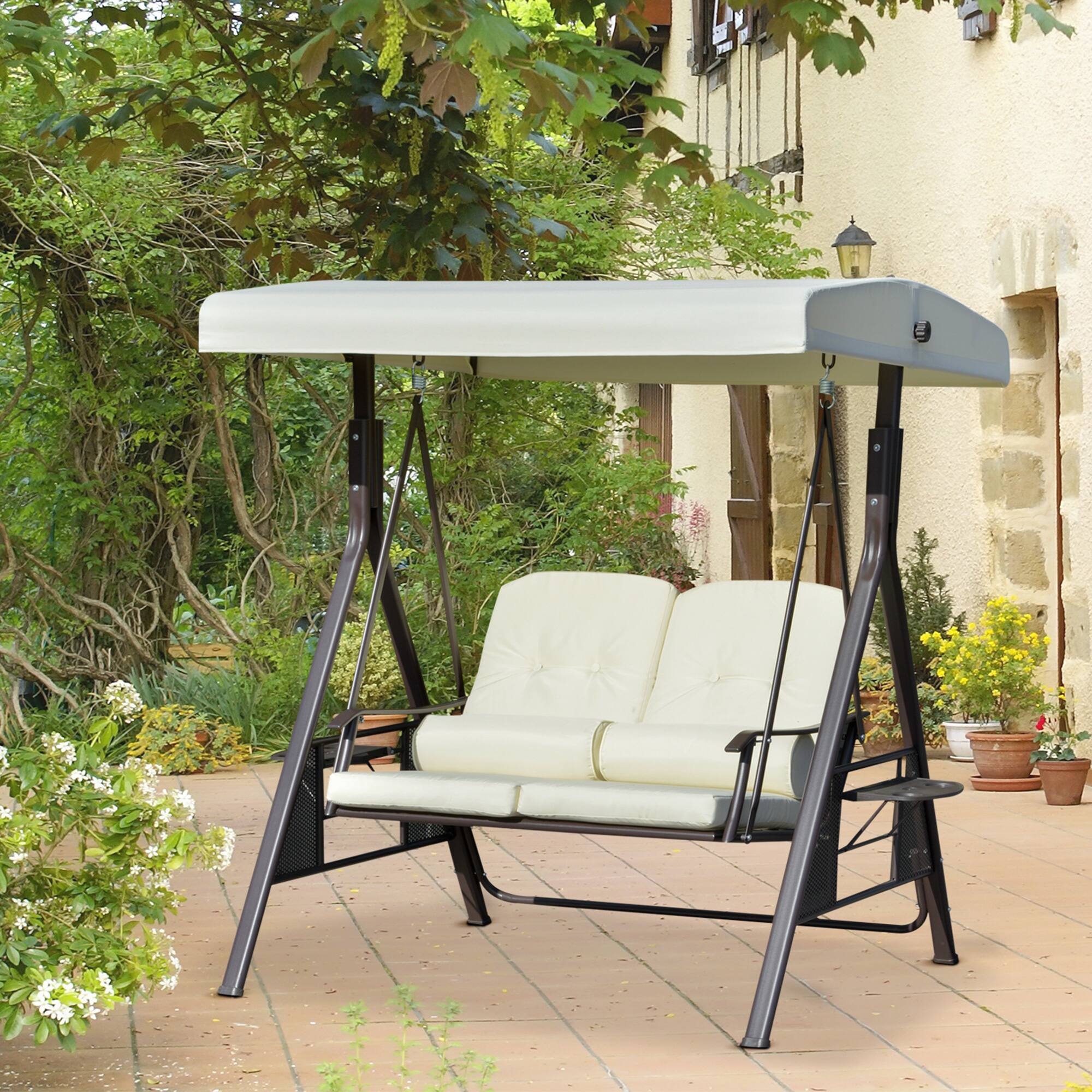 Outsunny 2 Person Patio Swing Bench with Adjustable Shade Canopy Soft ...
