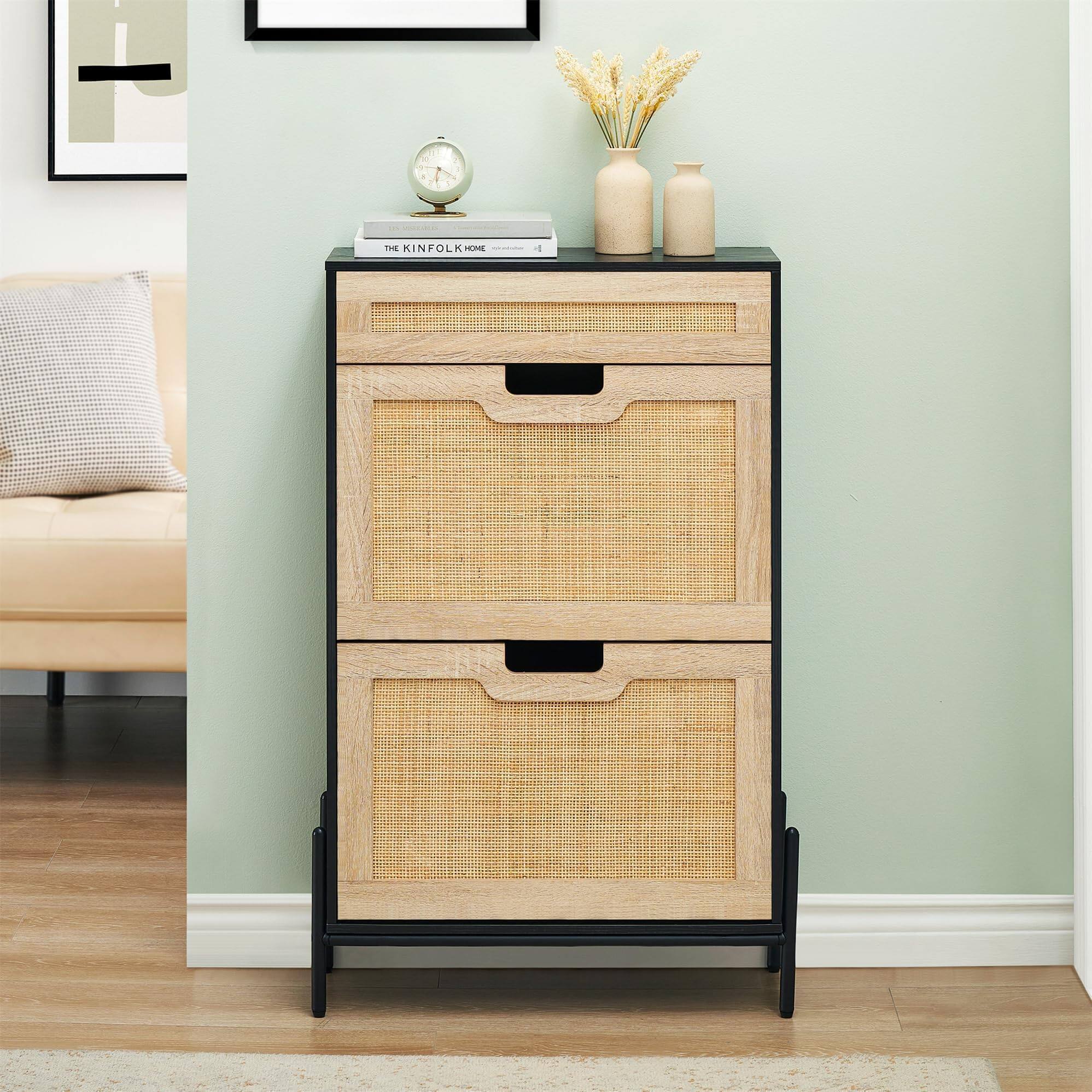 Jojoka Rattan Storage Cabinet with 2 Flip Drawers & Adjustable Shelves ...