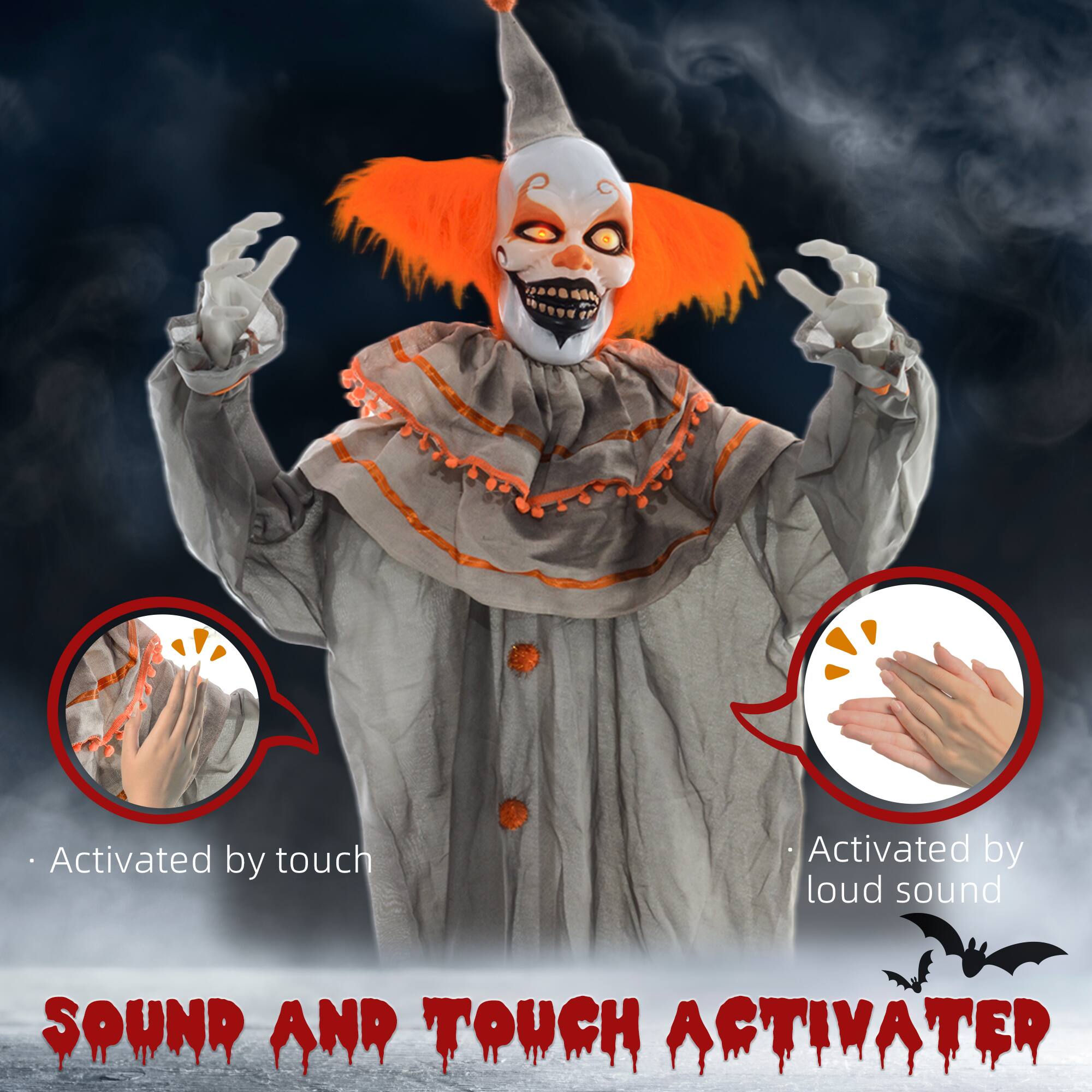 Ecooso Halloween Animatronic Clown with Orange Hair Light Up Eyes Sound ...