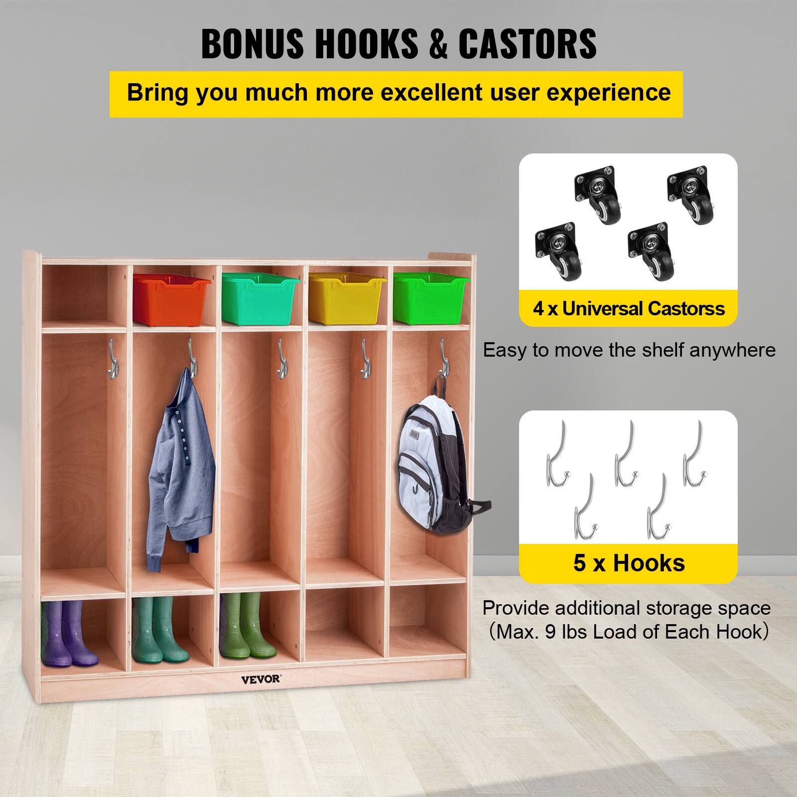 VEVOR Coat Locker, 5 Section Daycare Cubby Coat Rack 48×13×48 inch ...