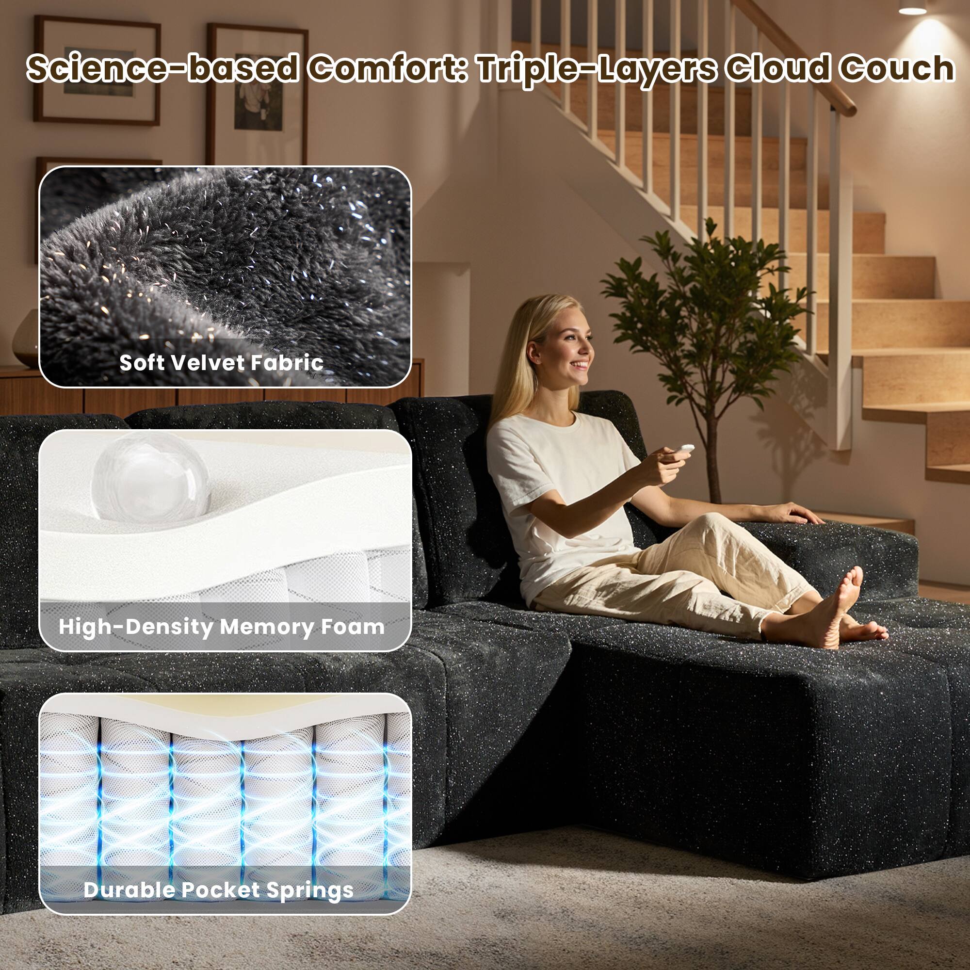 Ovios 114" Starlight Fabric Sectional Sofa with Comfy Chaise, Boneless ...