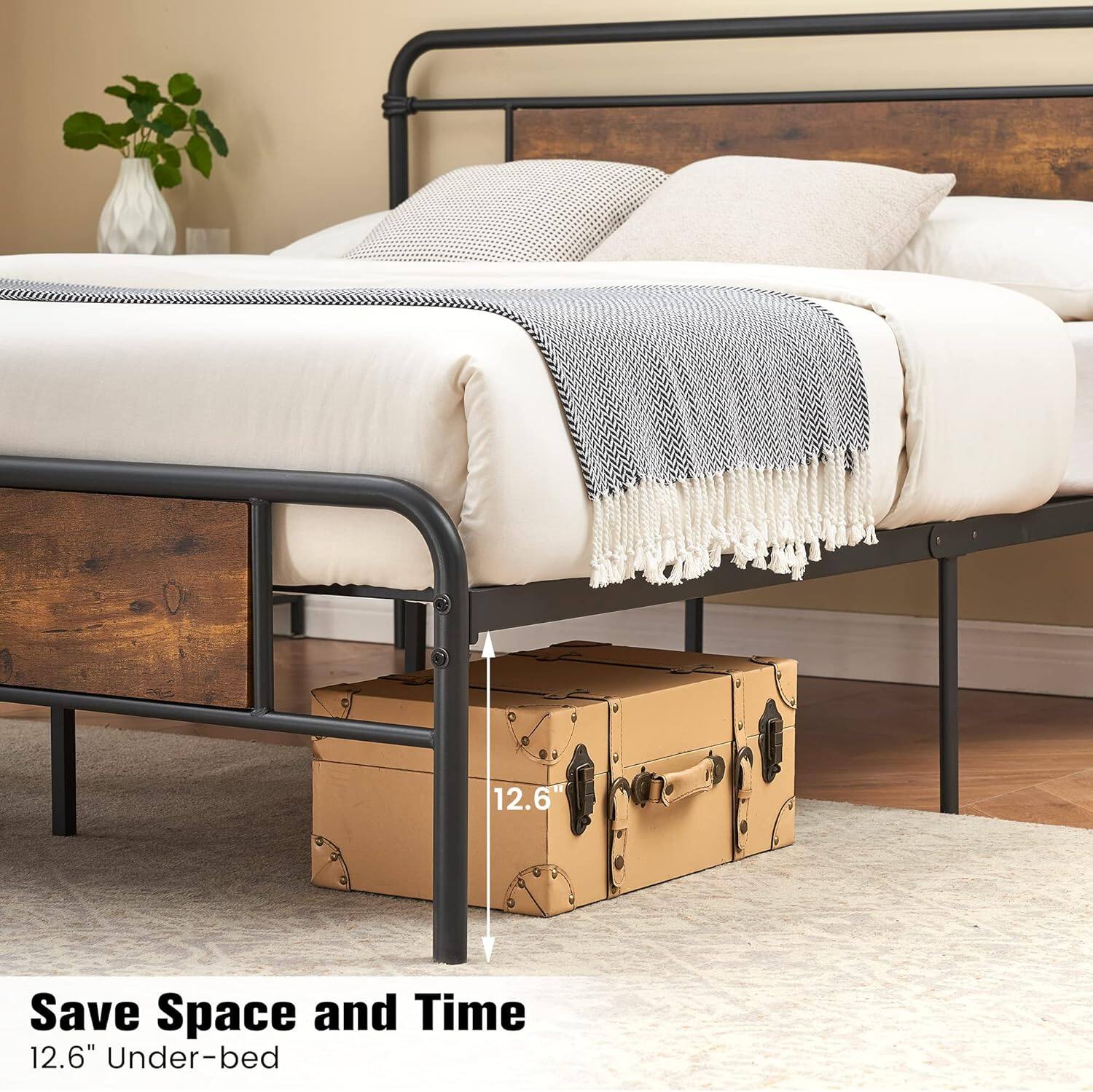 Jojoka Queen Platform Bed Frame, Vintage Wood Headboard, Metal Slats ...