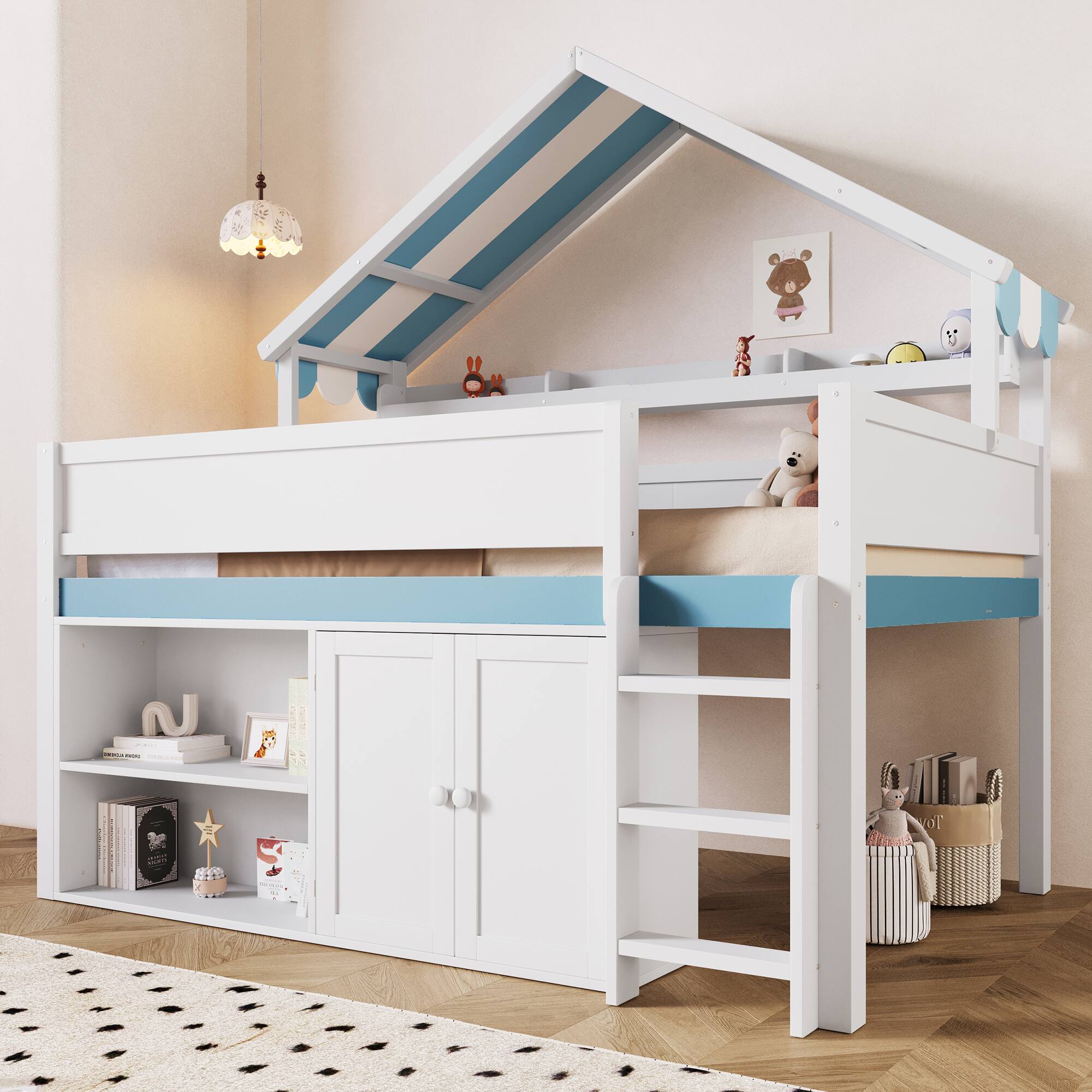 TinyHomie Full Size Loft Bed with Canopy Roof and Storage Cabinet White ...