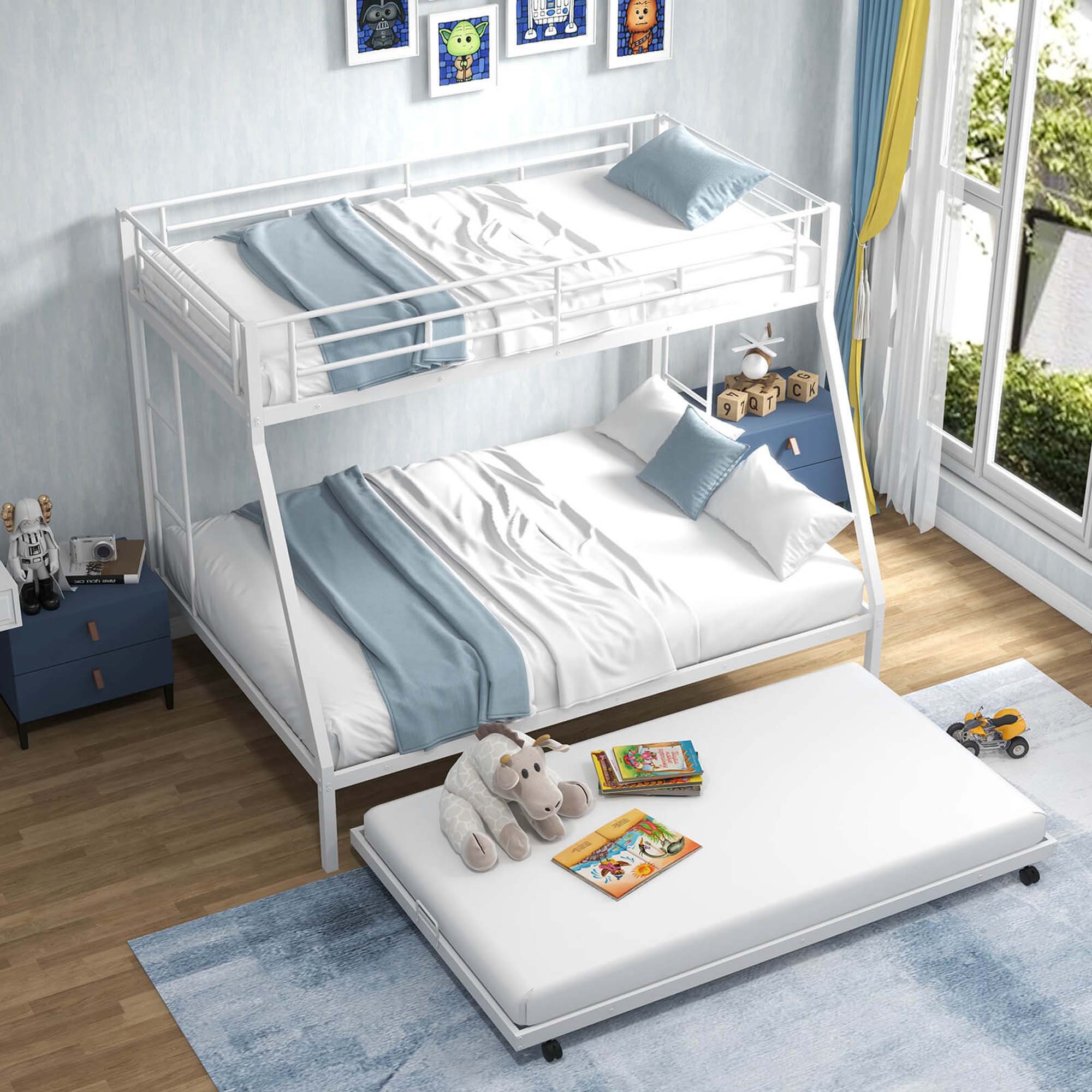 Costway Twin Over Full Metal Slats Bunk Bed Frame with Trundle, Guard ...