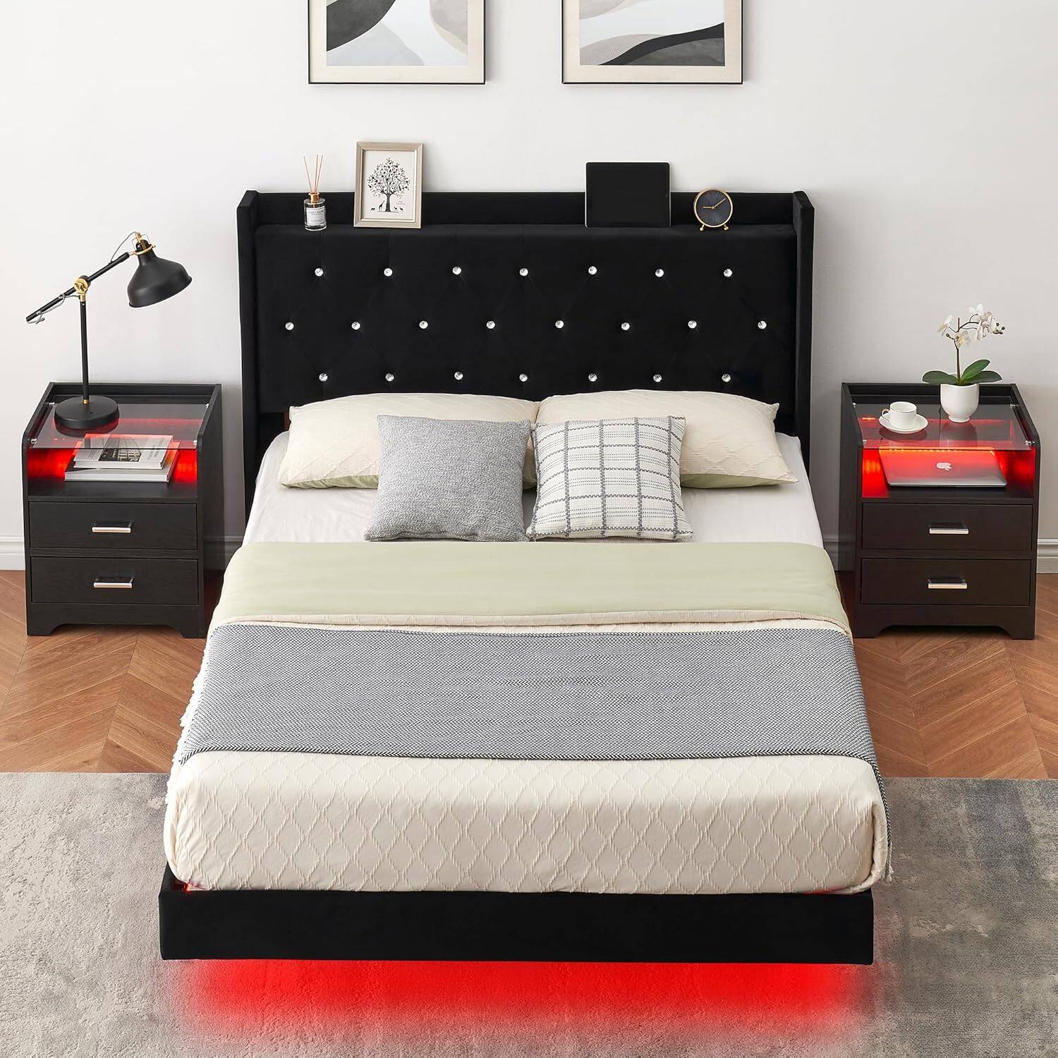 Jojoka Queen Floating Bed Frame with LED Light, Flannel Storage ...