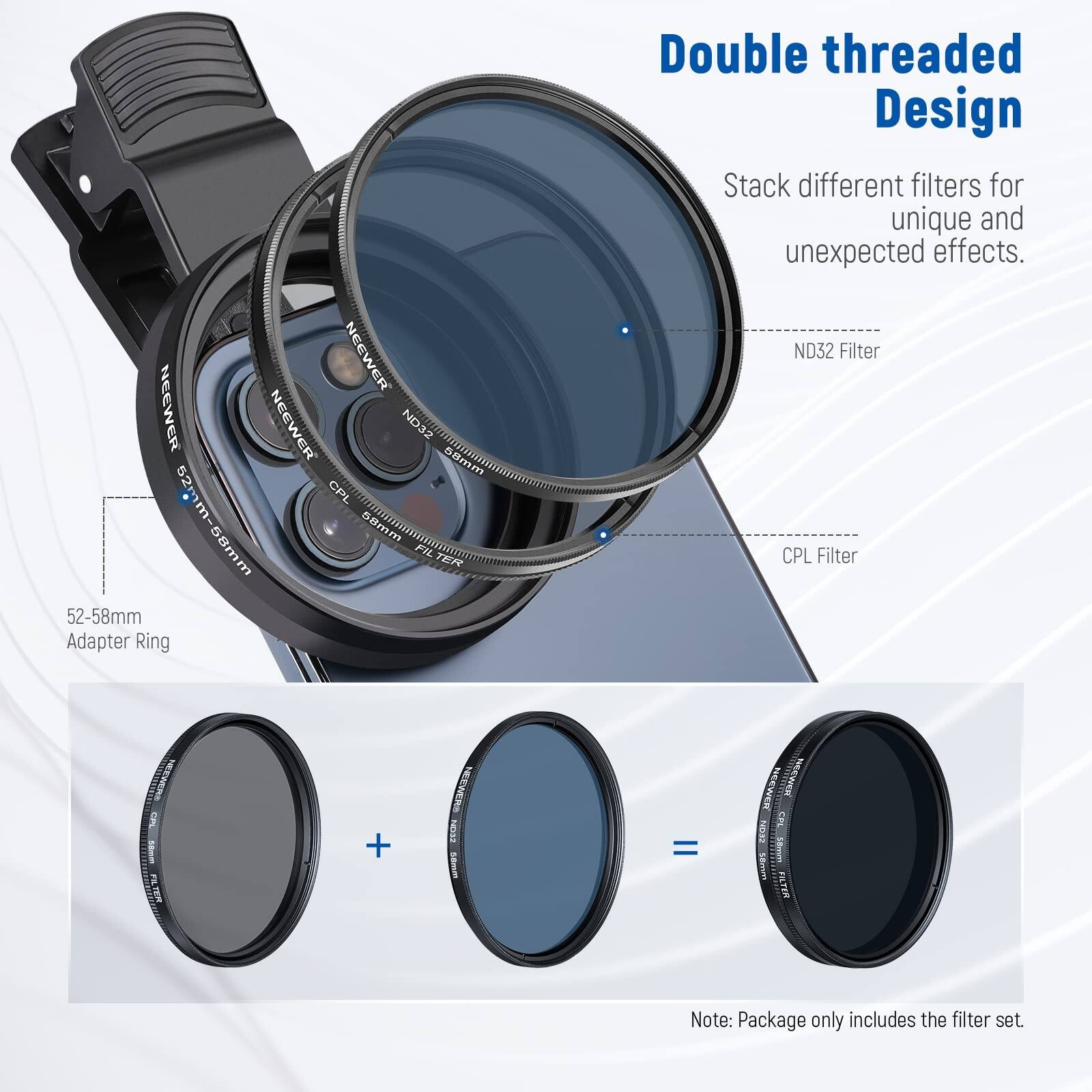 Neewer 58mm Camera Filter Kit with CPL, ND32, Star & Color Grad ...