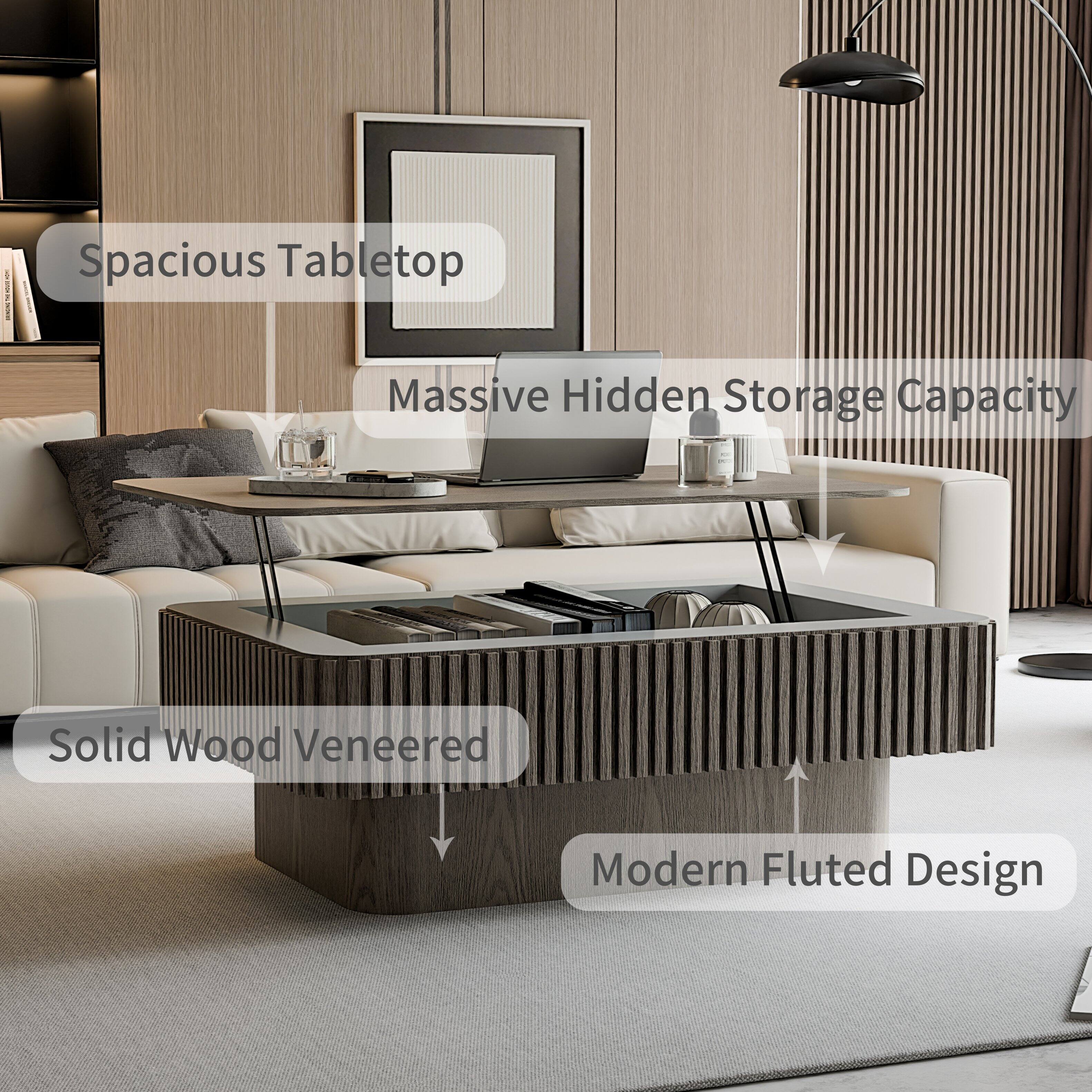 Loheer 38.6in Grey Lift Top Coffee Table Fluted Wood Accent Table with ...