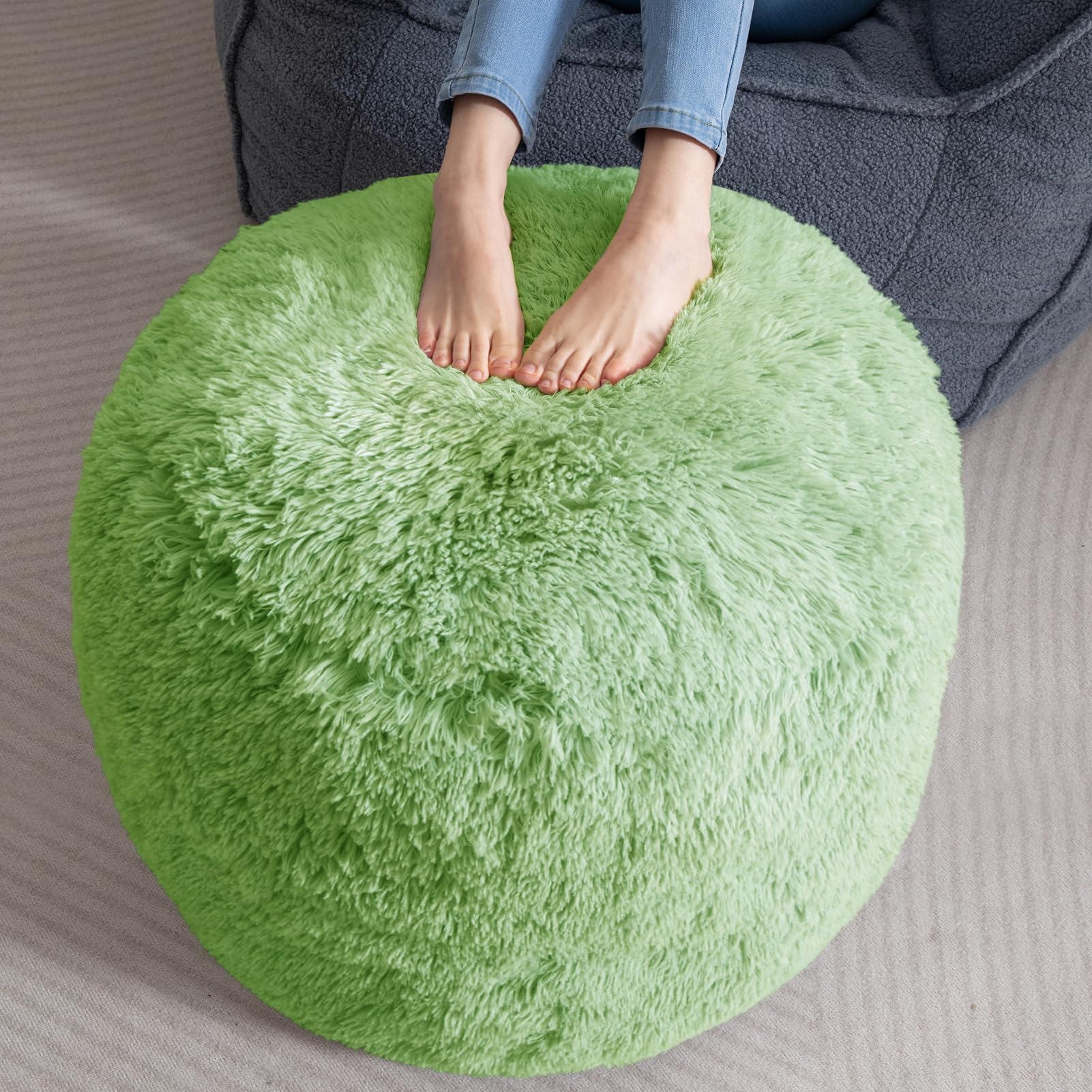 Fabibe Round Stuffed Pouf Ottoman, Long Faux Fur Poufs with Foam Chunk ...