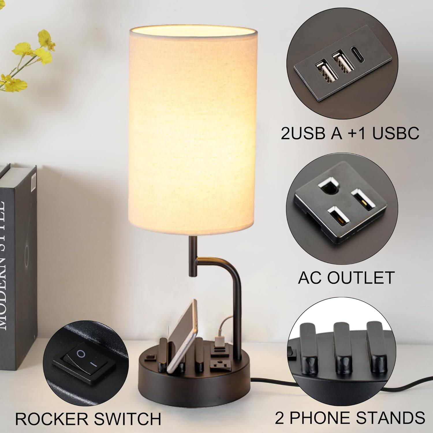 Stamp n Camp Dreamholder Table Lamp with 3 USB Charging Ports Modern ...