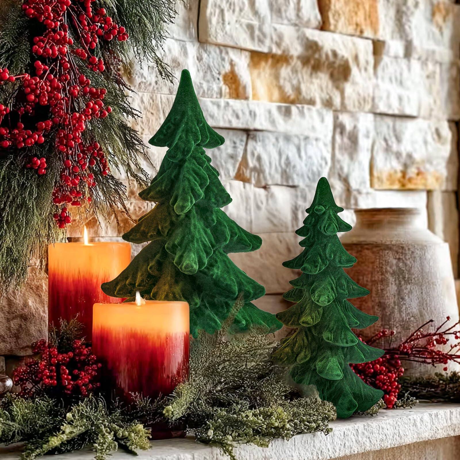 TECH SAFARI Flocked Christmas Tree Figurines Xmas Trees Set Of 2 Pine For Table Centerpieces ...