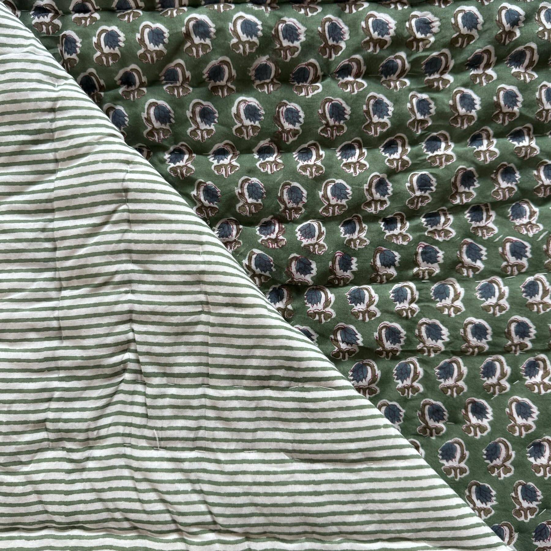 Paradigms Interiors Block Print Quilted Basil Throw Reversible Blanket ...