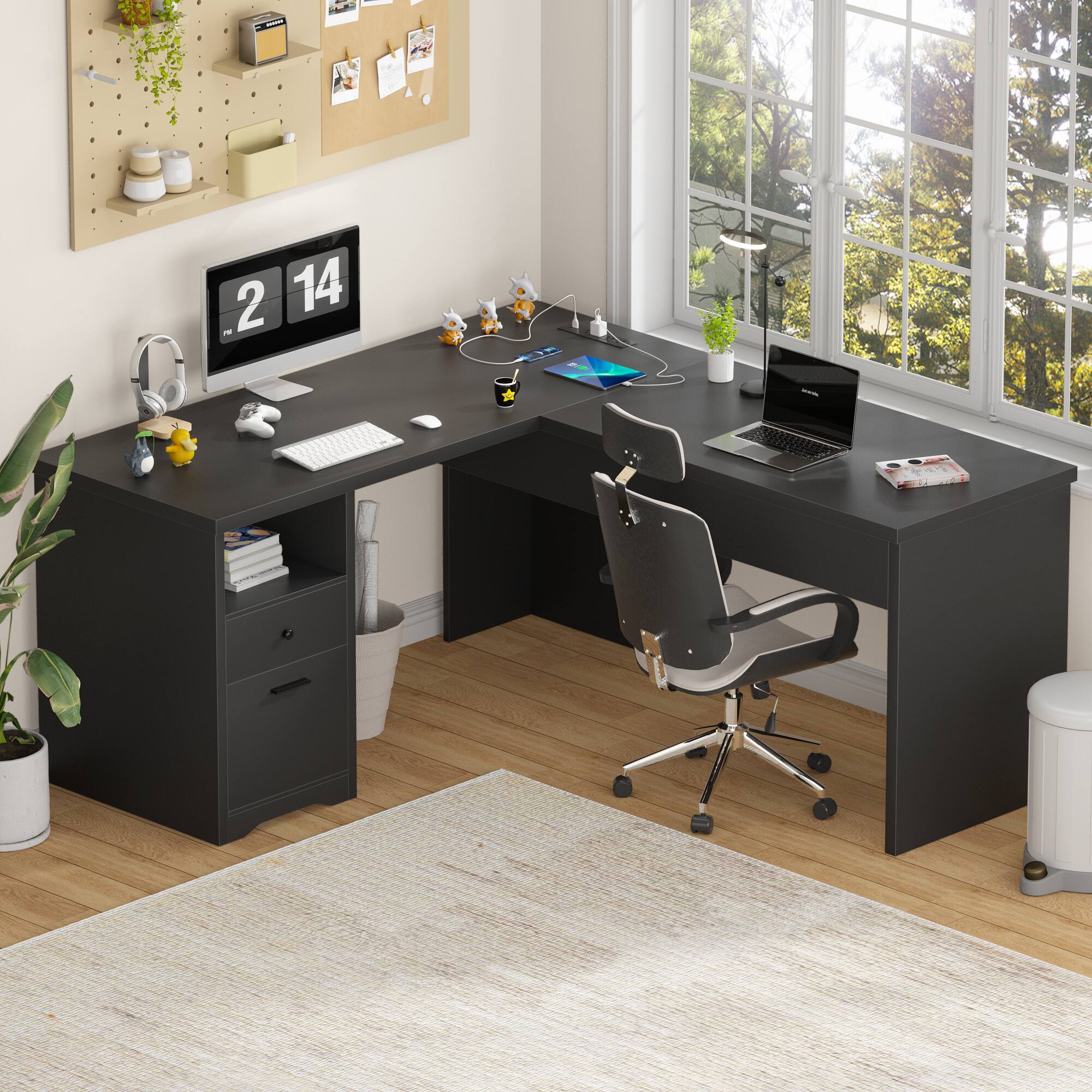 Aheaplus 56'' Lift Top Computer Desk with Drawers and Power Outlets ...