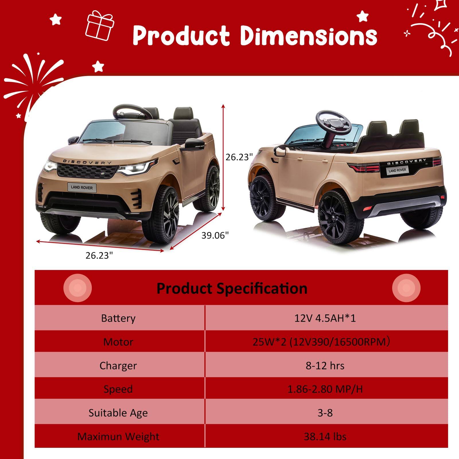 Jojoka 12V Licensed Land Rover Kids Ride On Car, 2 Seater Electric SUV w/ Remote Control, Music ...