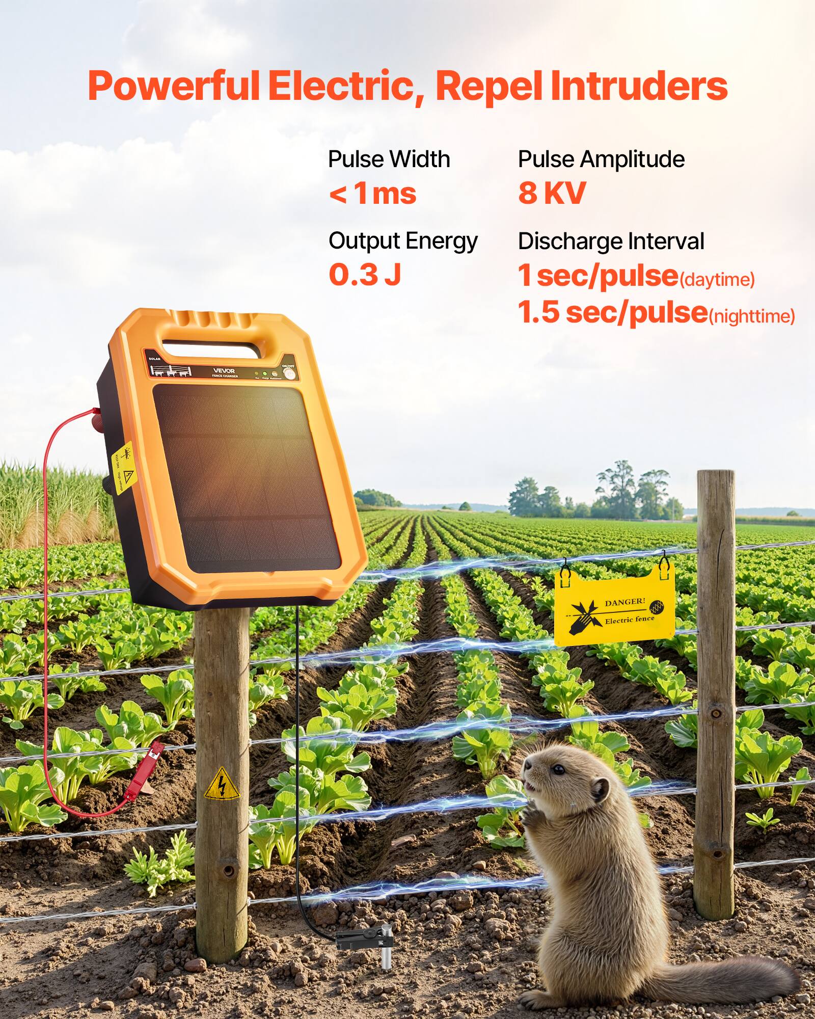 VEVOR Solar Fence Charger, 0.3J 8 kV Solar Powered Fence Charger, 1.86 ...