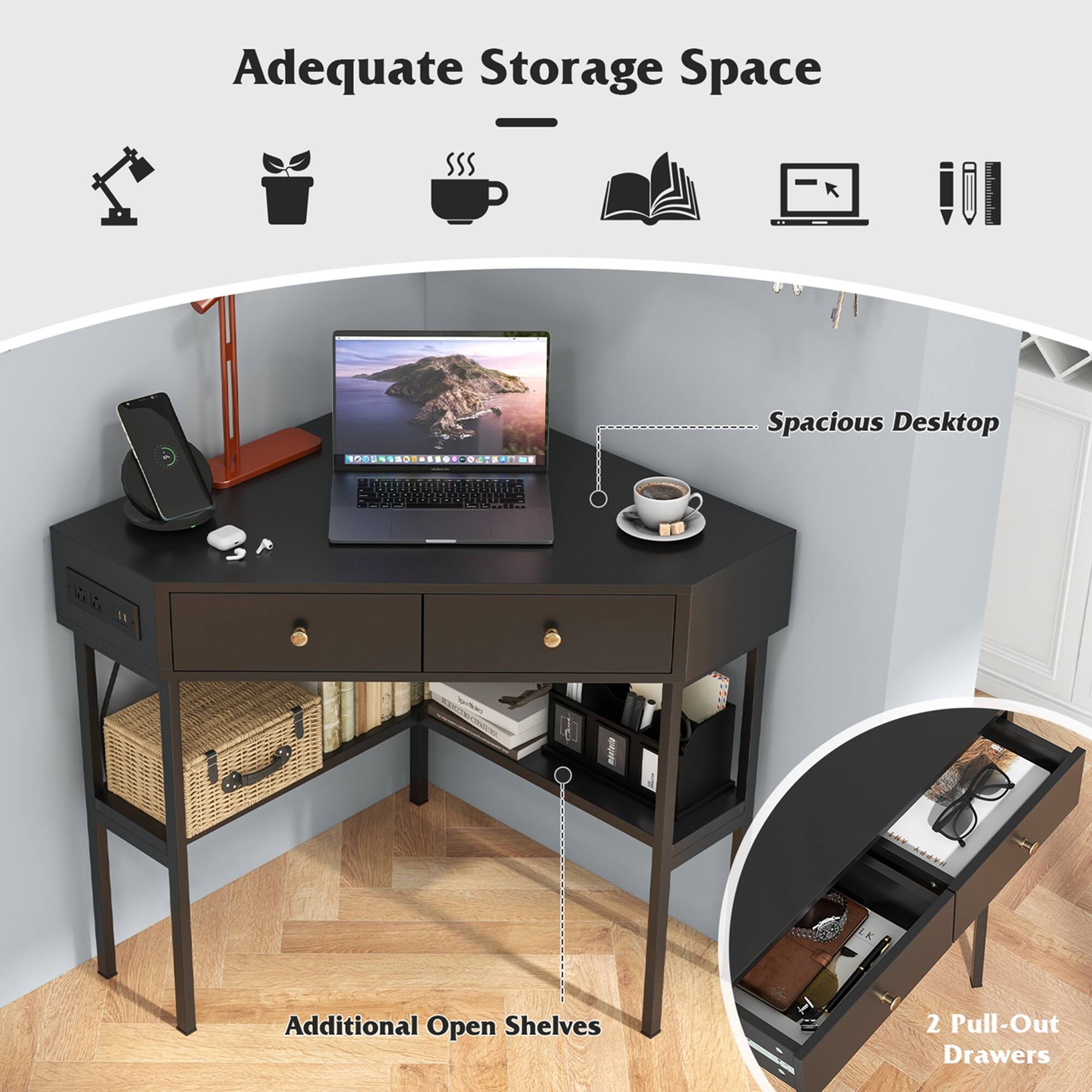 Costway Corner Desk with Built in Charging Station Storage Drawers ...