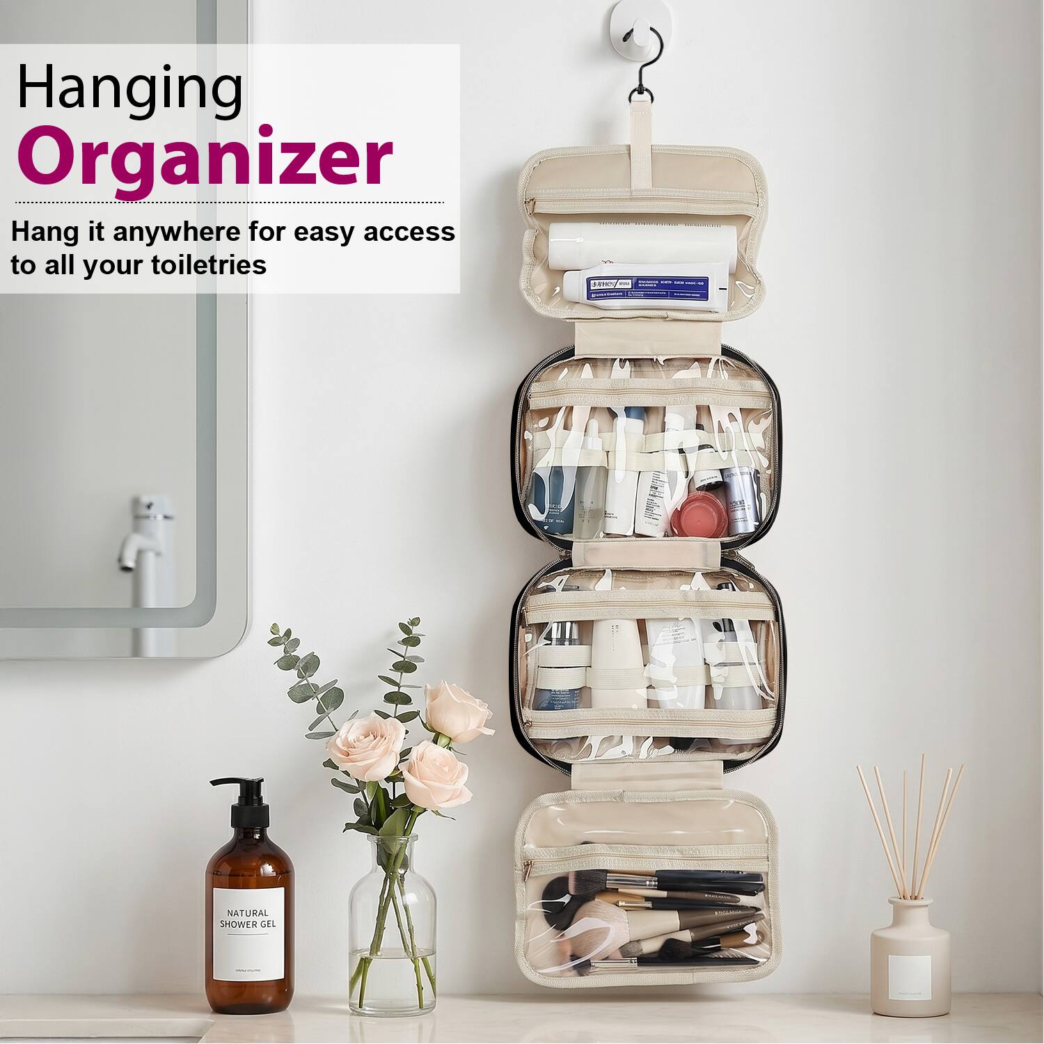 Mber Travel Toiletry Bag Hanging Organizer, Large Travel Makeup ...
