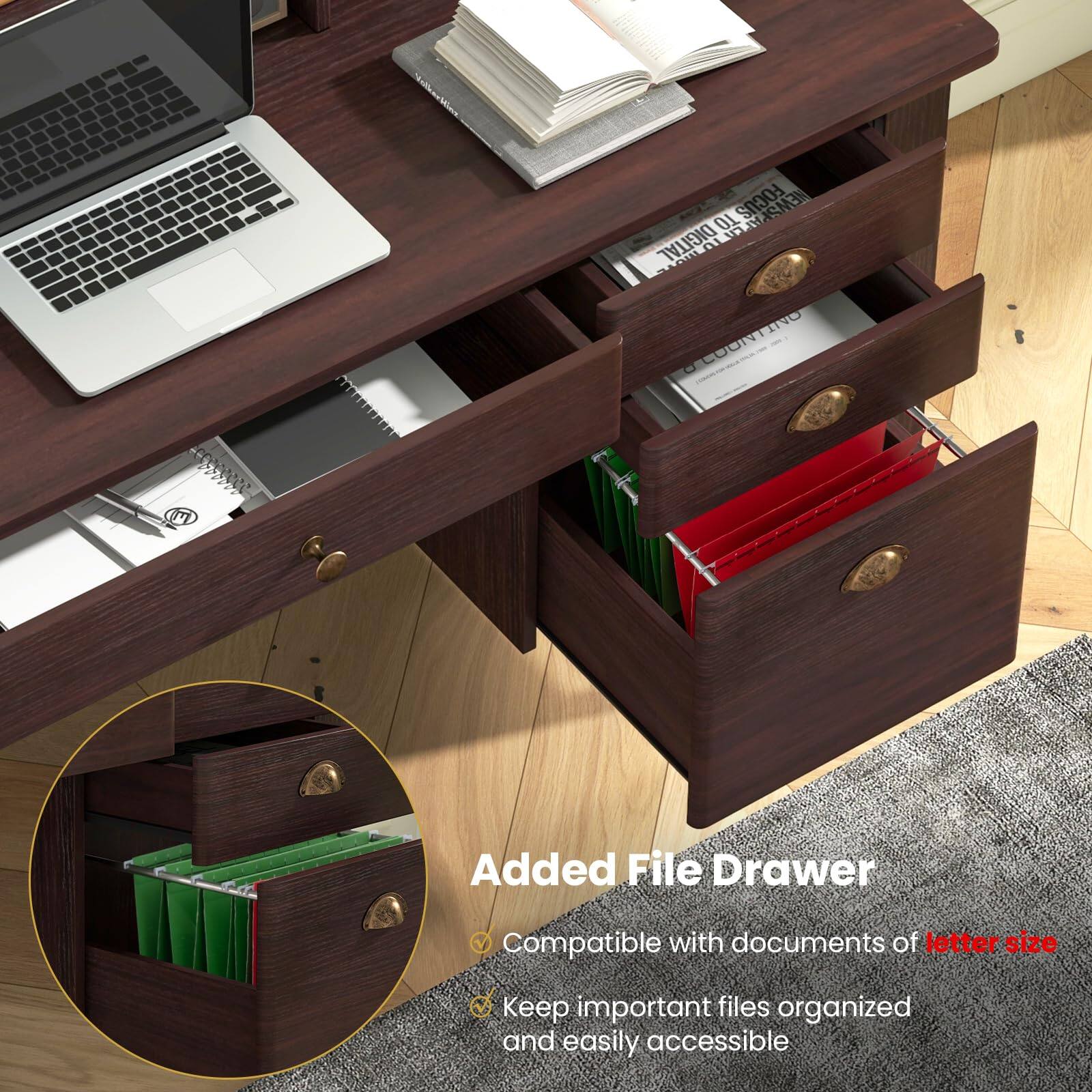 Ecooso Computer Desk with Shelves and 4 Drawers, Vintage Style Writing ...